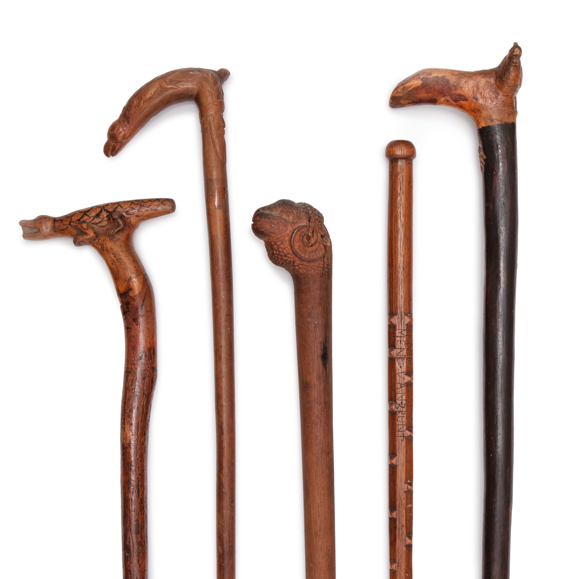 Group of Five American Carved Wooden Canes, One dated 1796, the ...