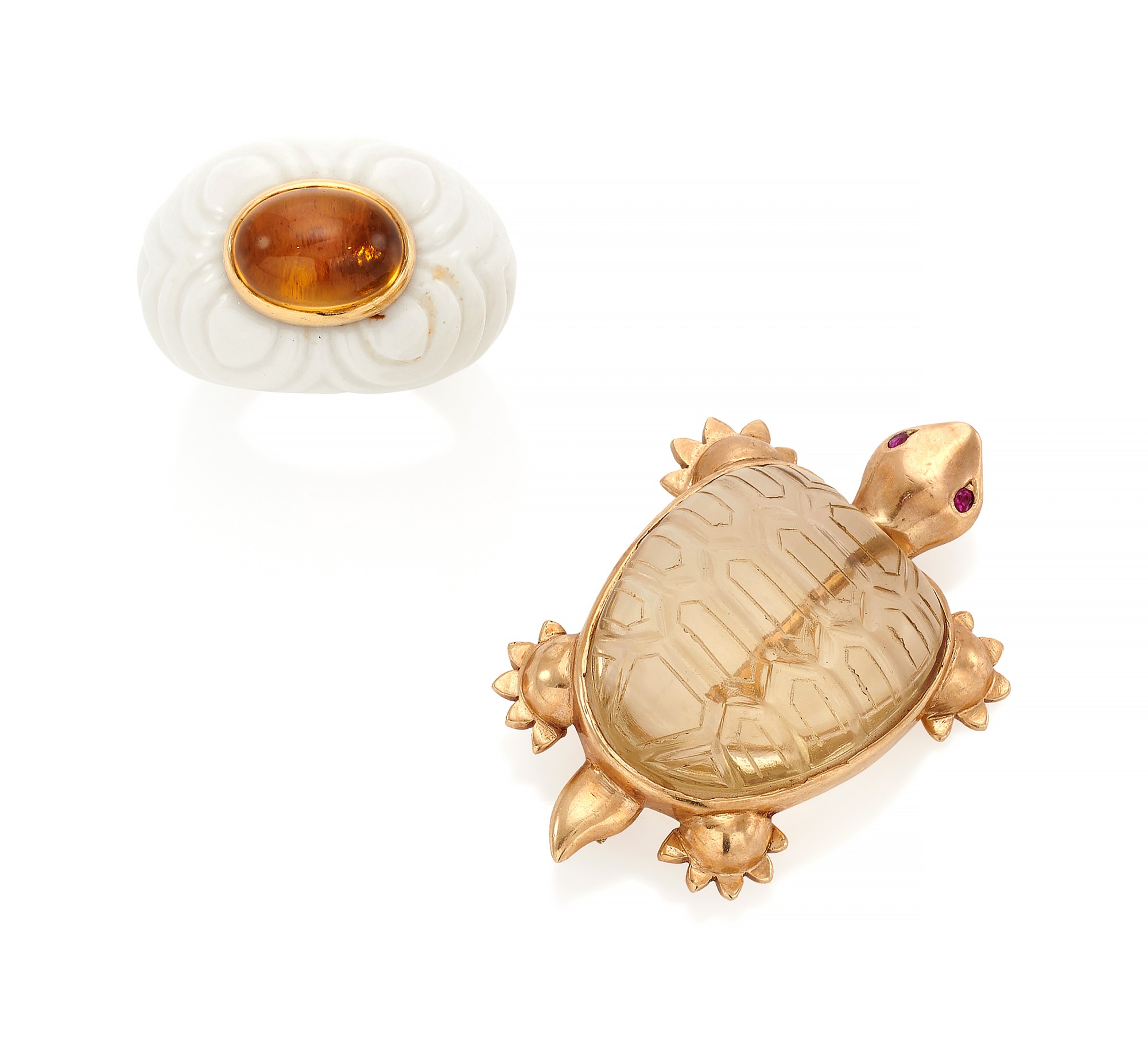 QUARTZ AND RUBY BROOCH AND 'CHANDRA' RING (SPILLA IN QUARZO E RUBINI E ...