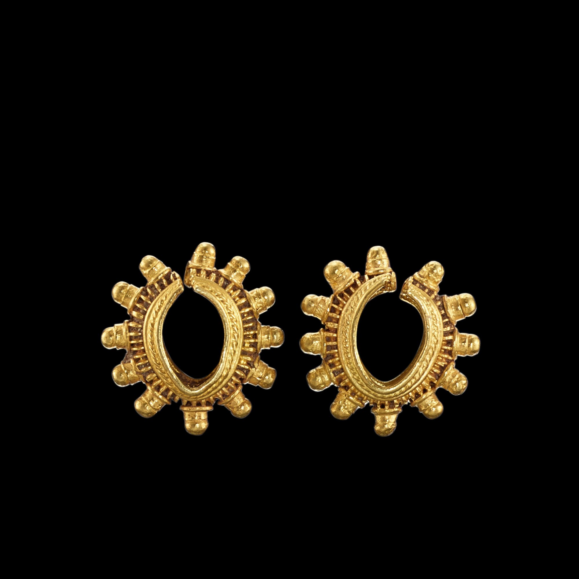 A pair of granulated solid gold earrings Java, Indonesia, 7th - 12th ...