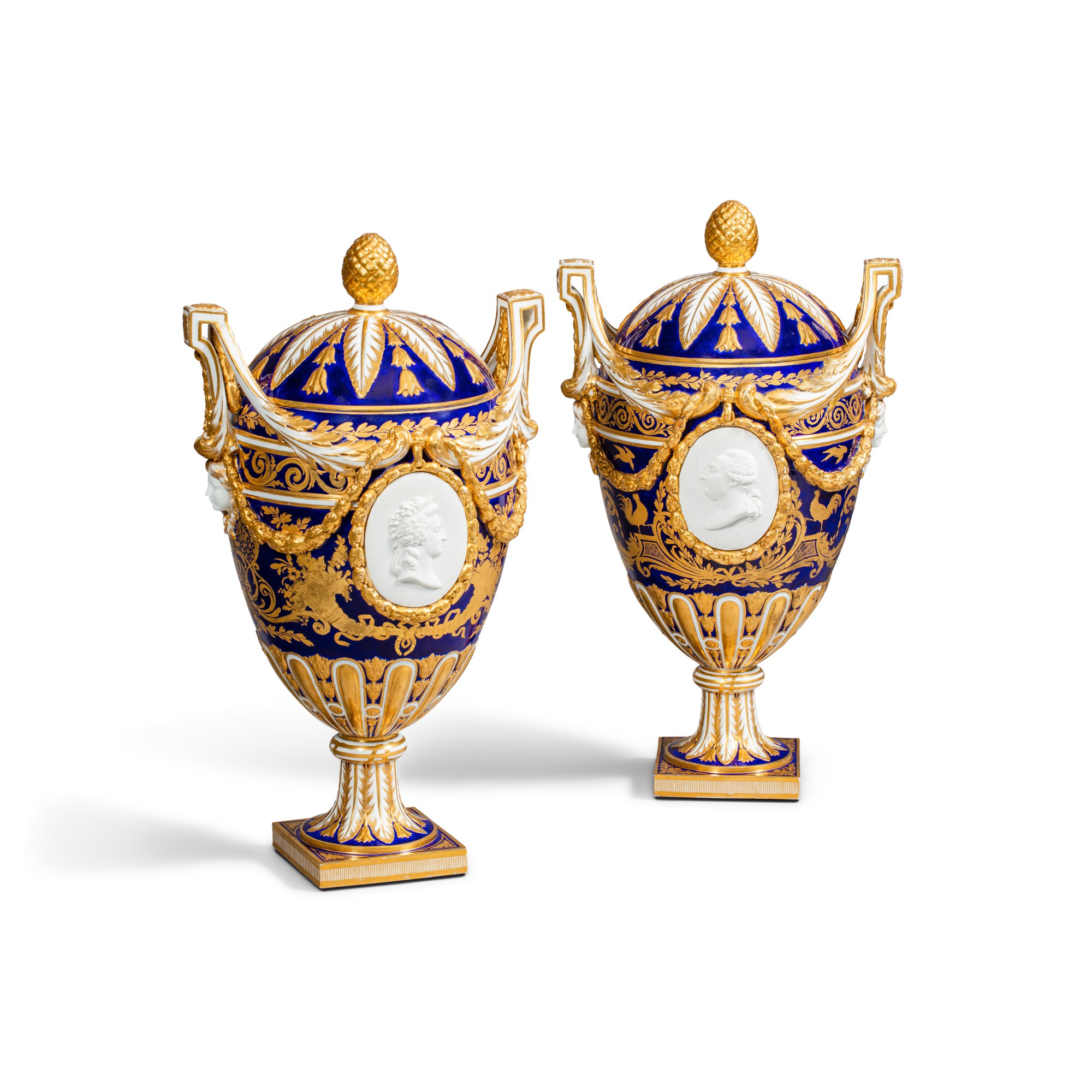 A pair of Sèvres Royal Portrait bleu nouveau two-handled vases and ...