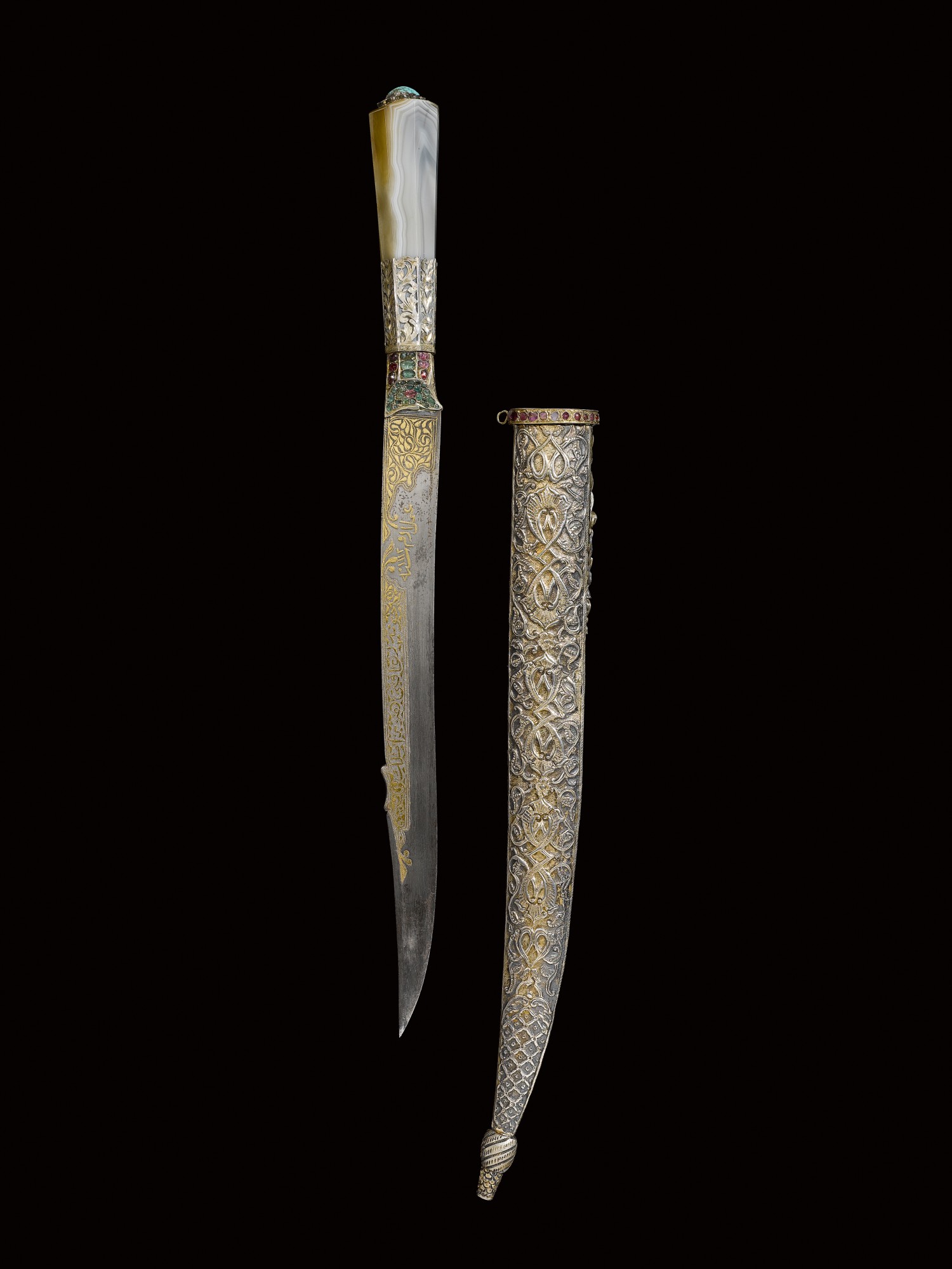 An Ottoman dagger with banded-agate hilt and jewelled silver scabbard ...