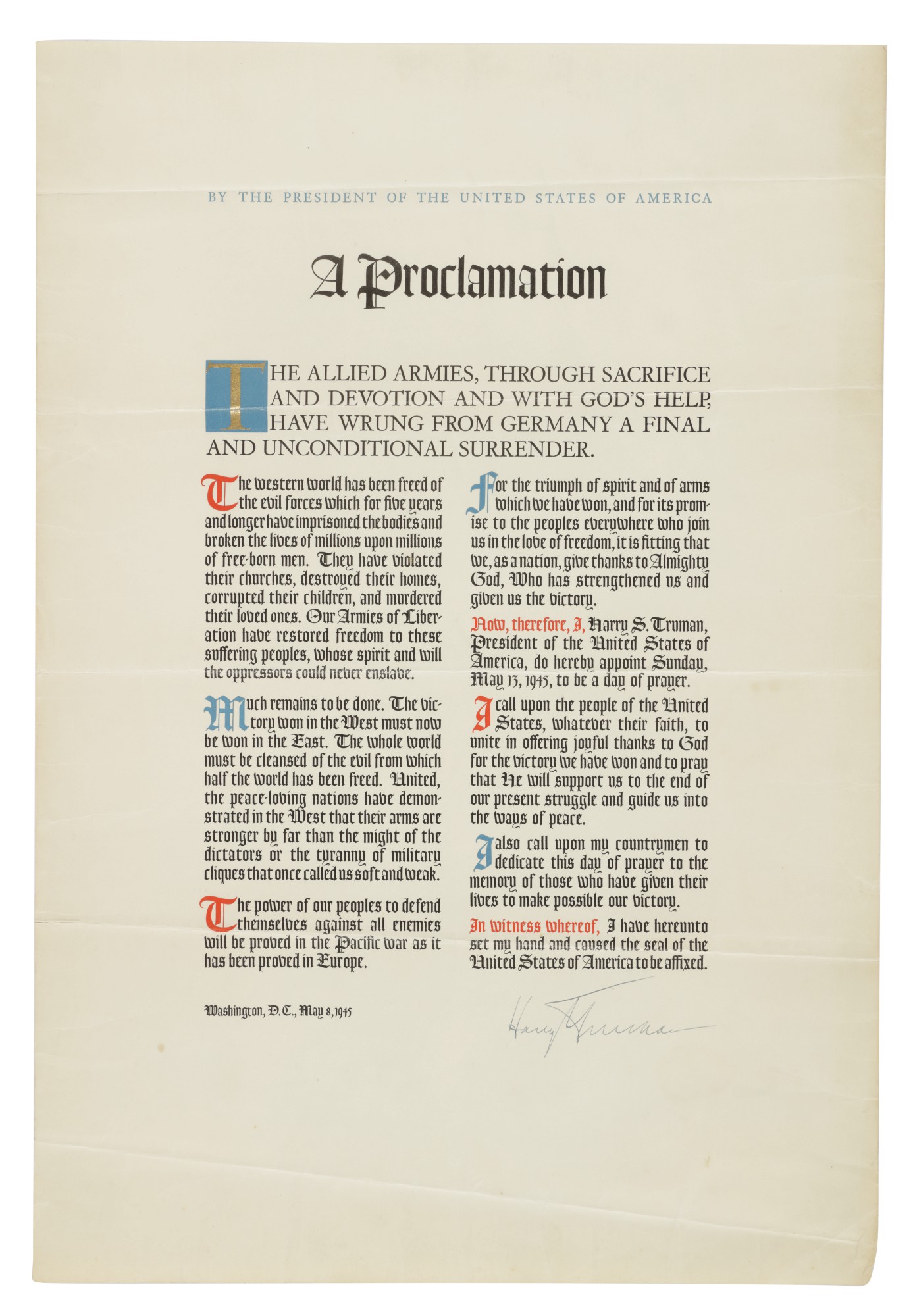 Truman, Harry S. An attractive broadside printing of President Truman's ...