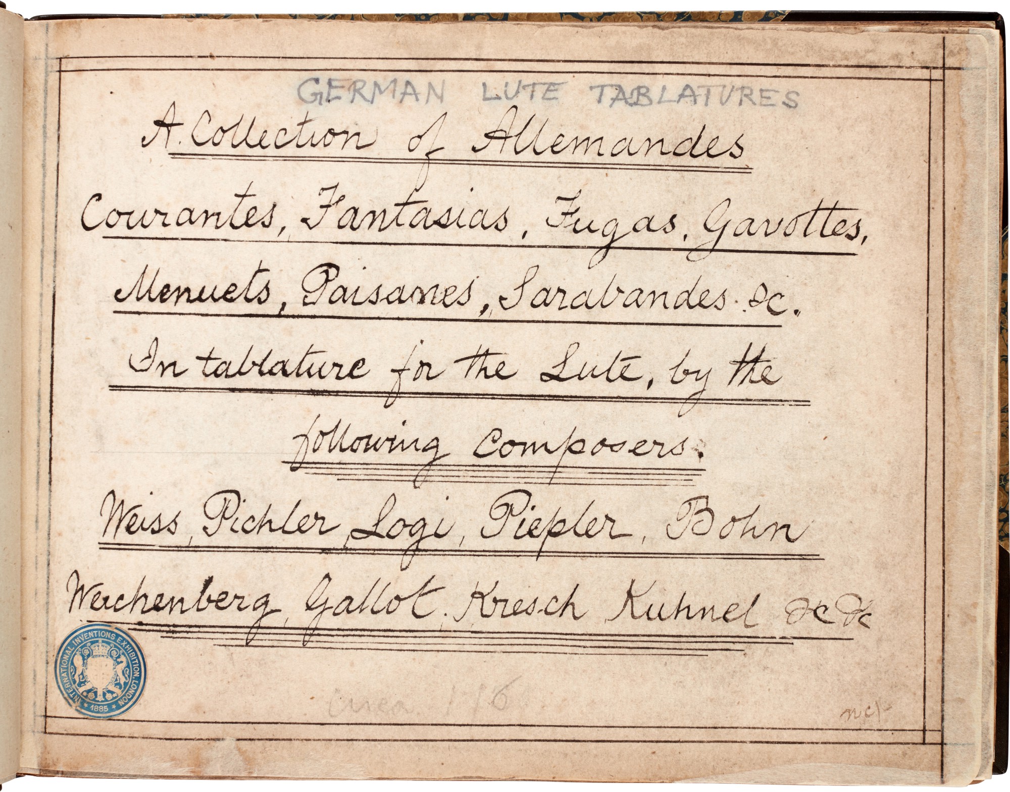 Lute. Important manuscript of German, Austrian and French lute music ...