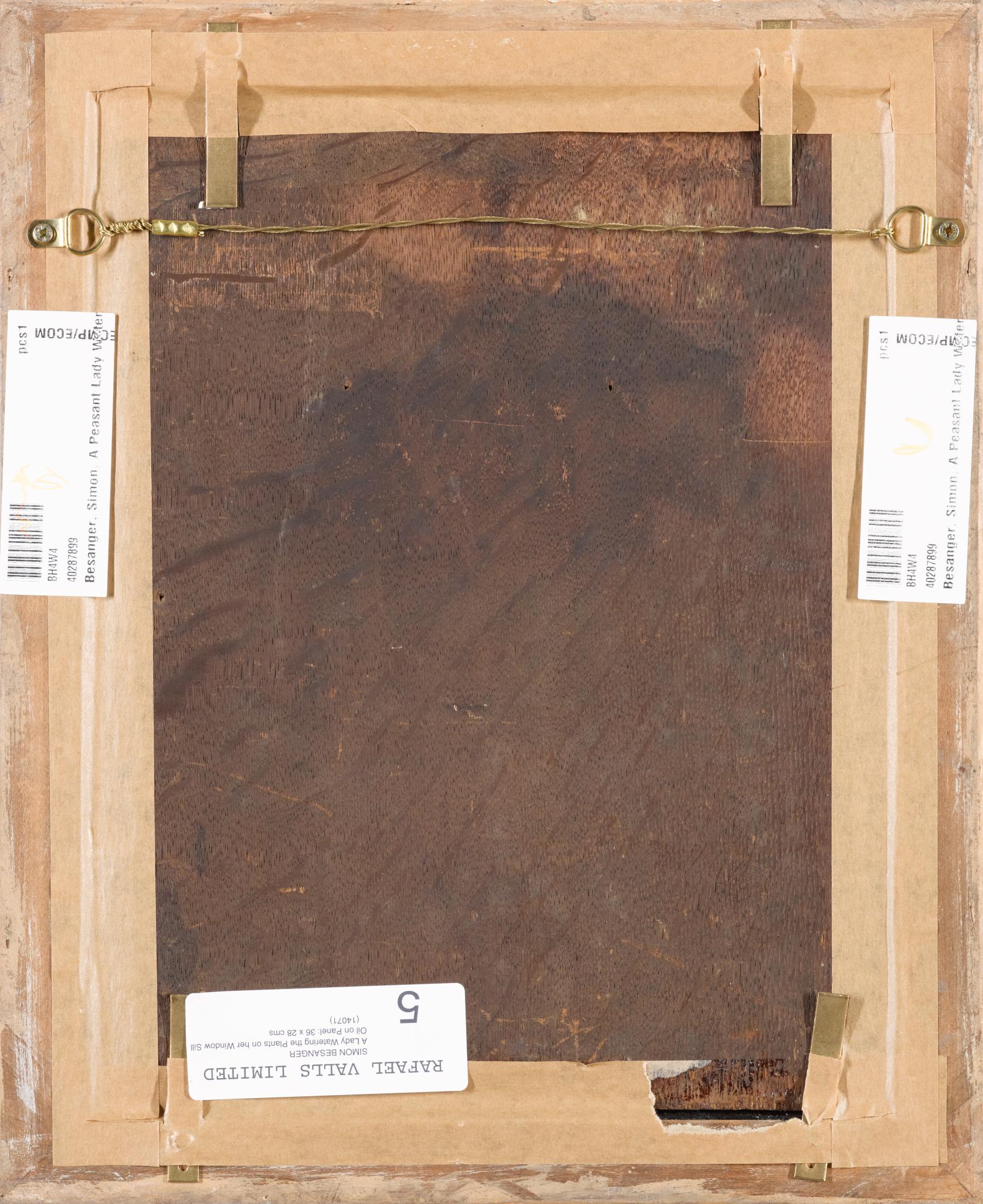 SIMON BESANGER | A peasant lady watering a flower pot on a wooden table ...