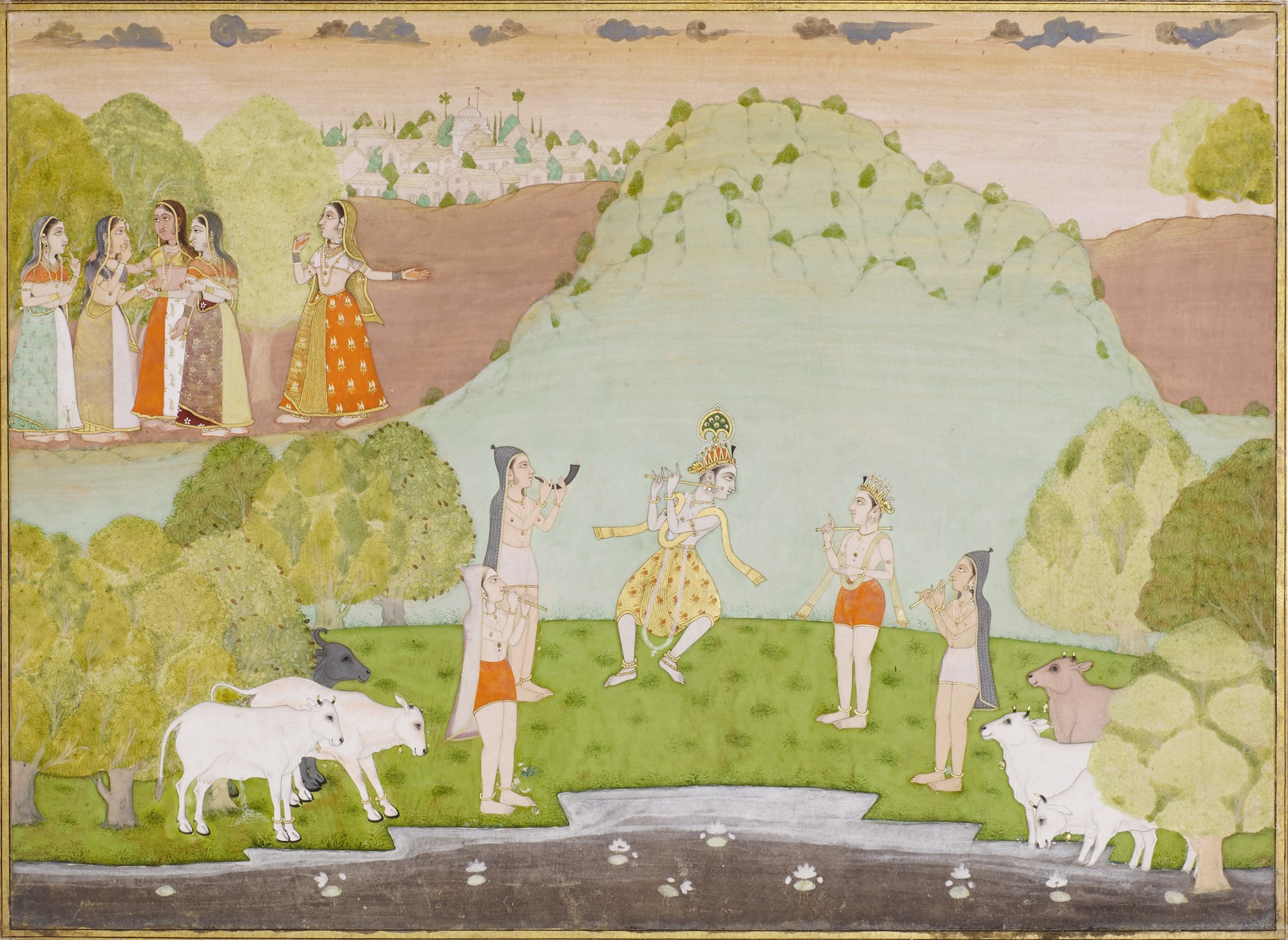 An illustration to a Bhagavata Purana series: Krishna fluting with ...