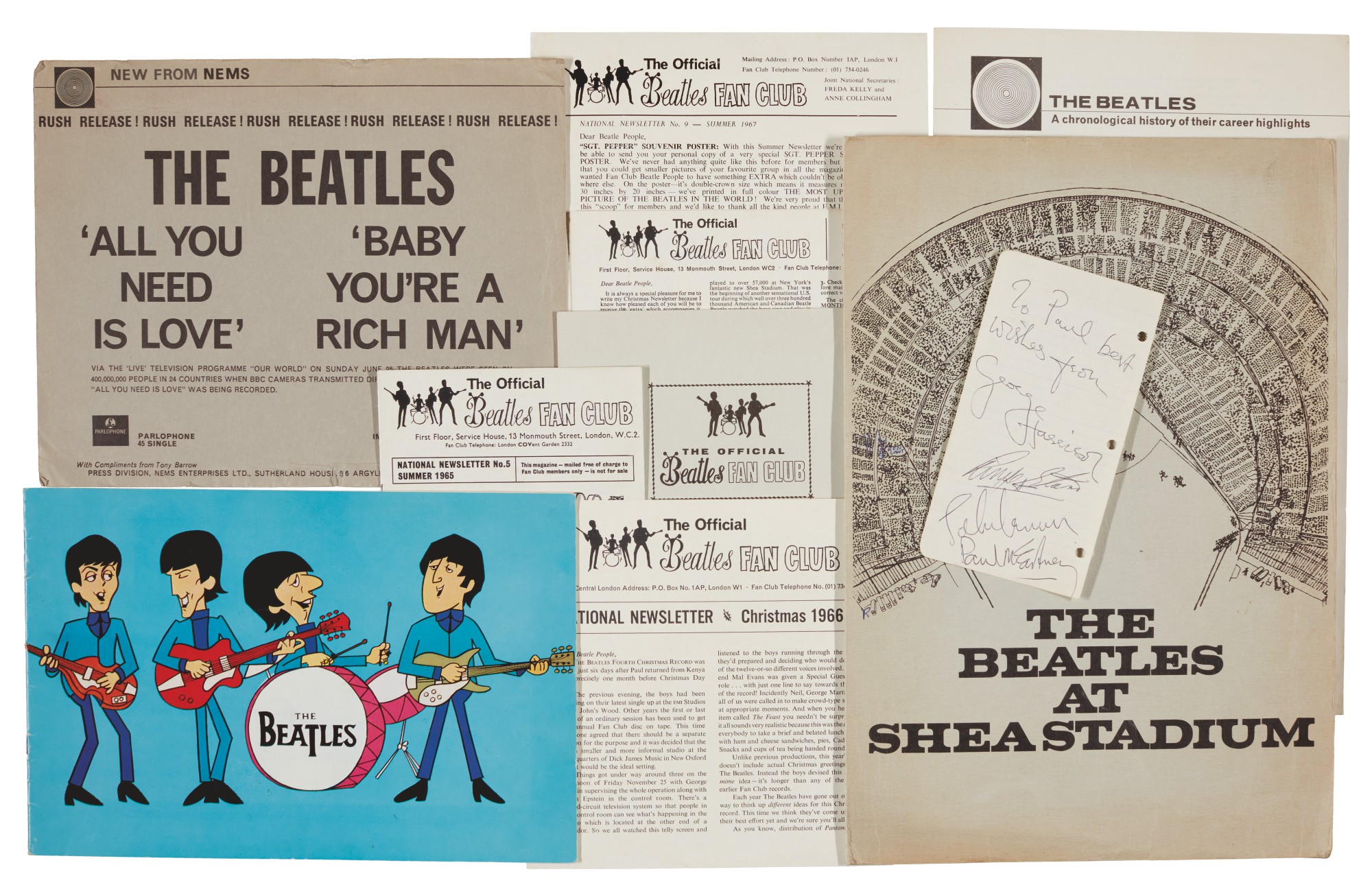 The Beatles, set of signatures, signed 12 December 1965, with related ...