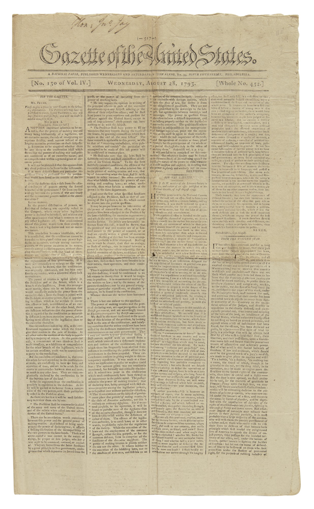 JAY, JOHN | John Jay's copy of the Gazette of the United States, Vol ...