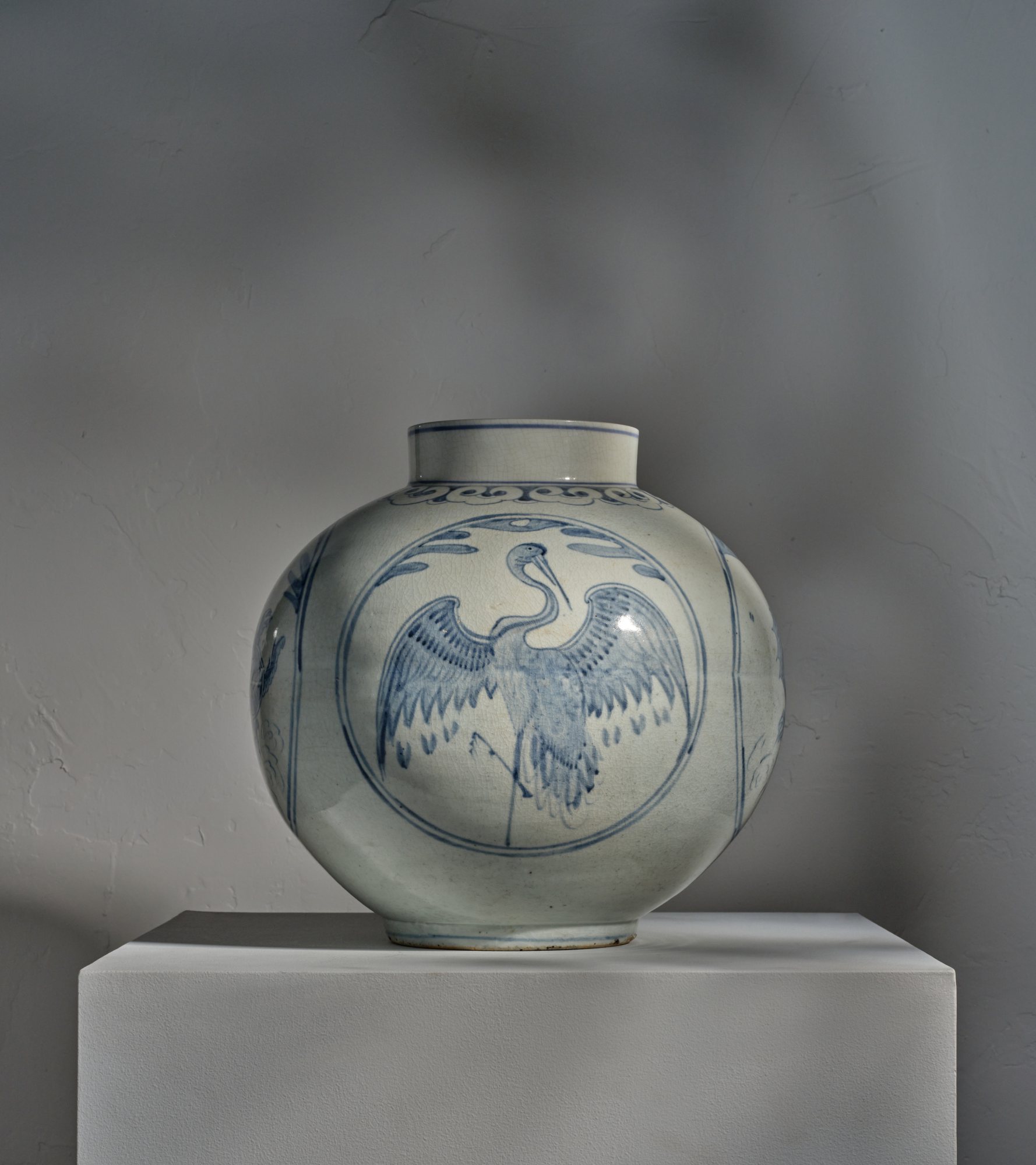 A blue and white 'crane and tortoise' ovoid jar, Joseon dynasty, 18th ...