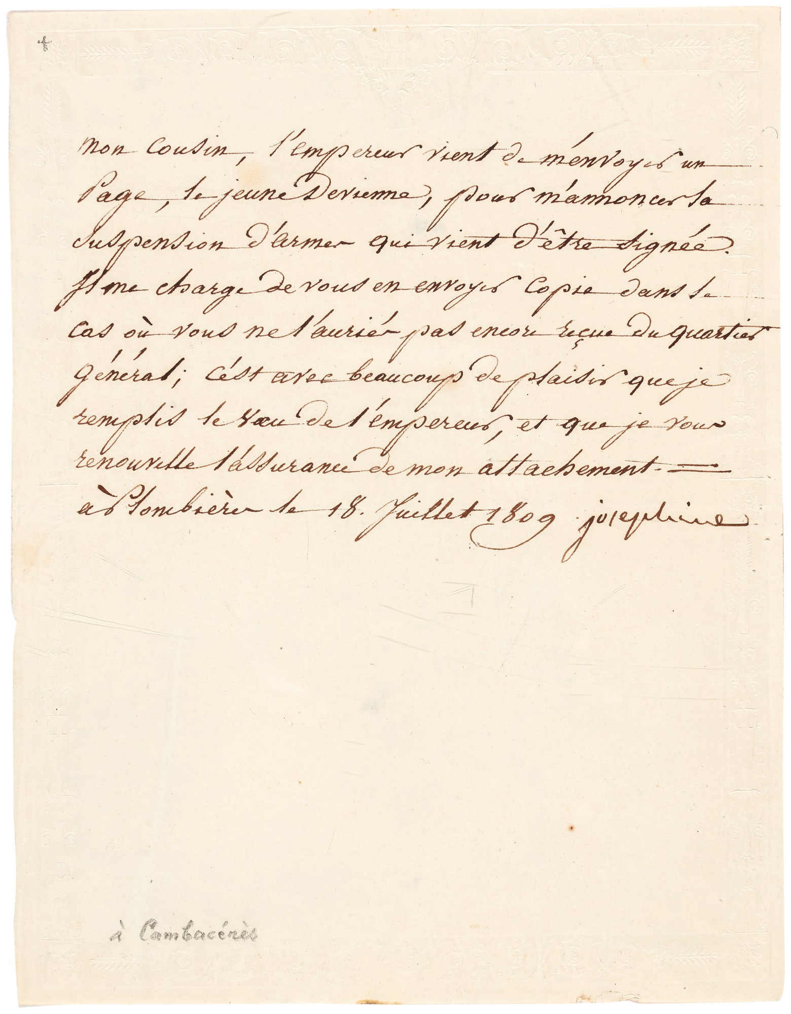 Joséphine | letter signed as Empress, to Régis de Cambacérès, about the ...