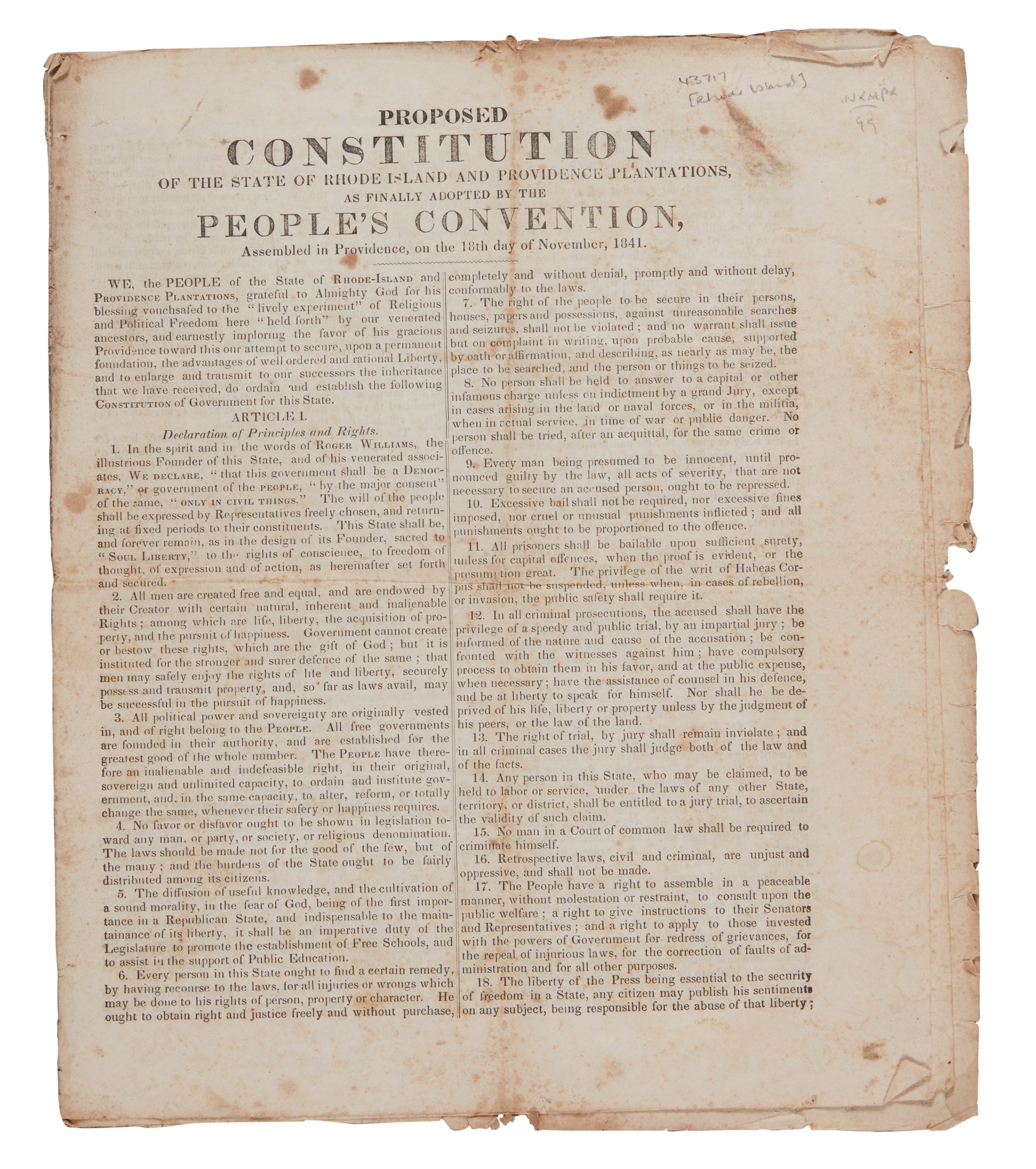 Rhode Island — Thomas Dorr | The "Proposed Constitution of the State of ...