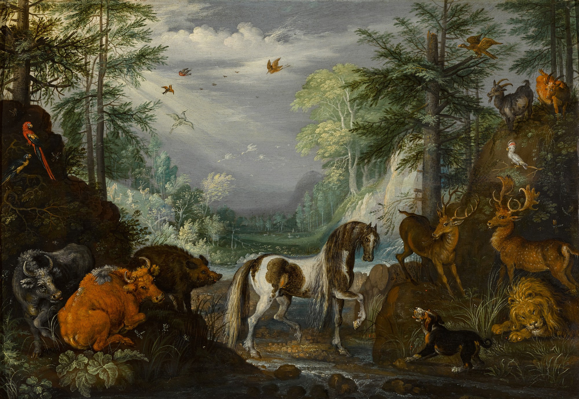 Paradise landscape with a skewbald, cows, stags, a lion, dog, goats ...