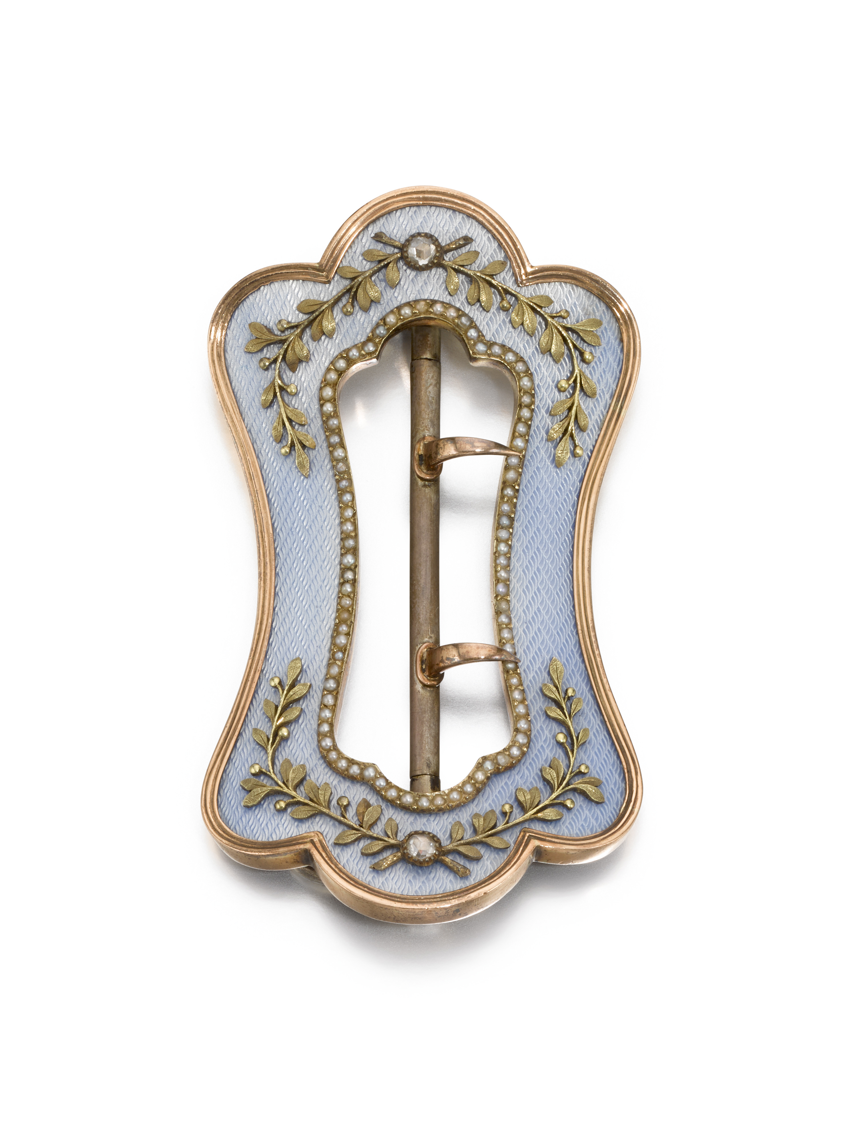 A Fabergé two-colour gold-mounted silver, enamel and seed pearl belt ...