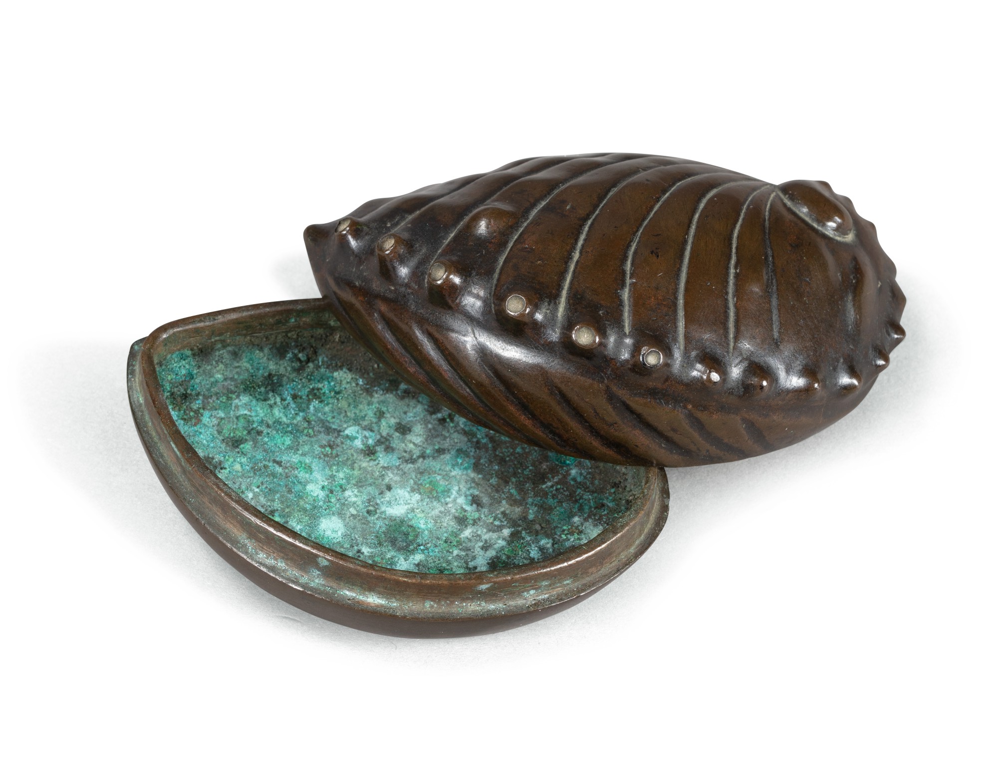 A bronze abalone box and cover and a bronze conch shell censer, Japan ...