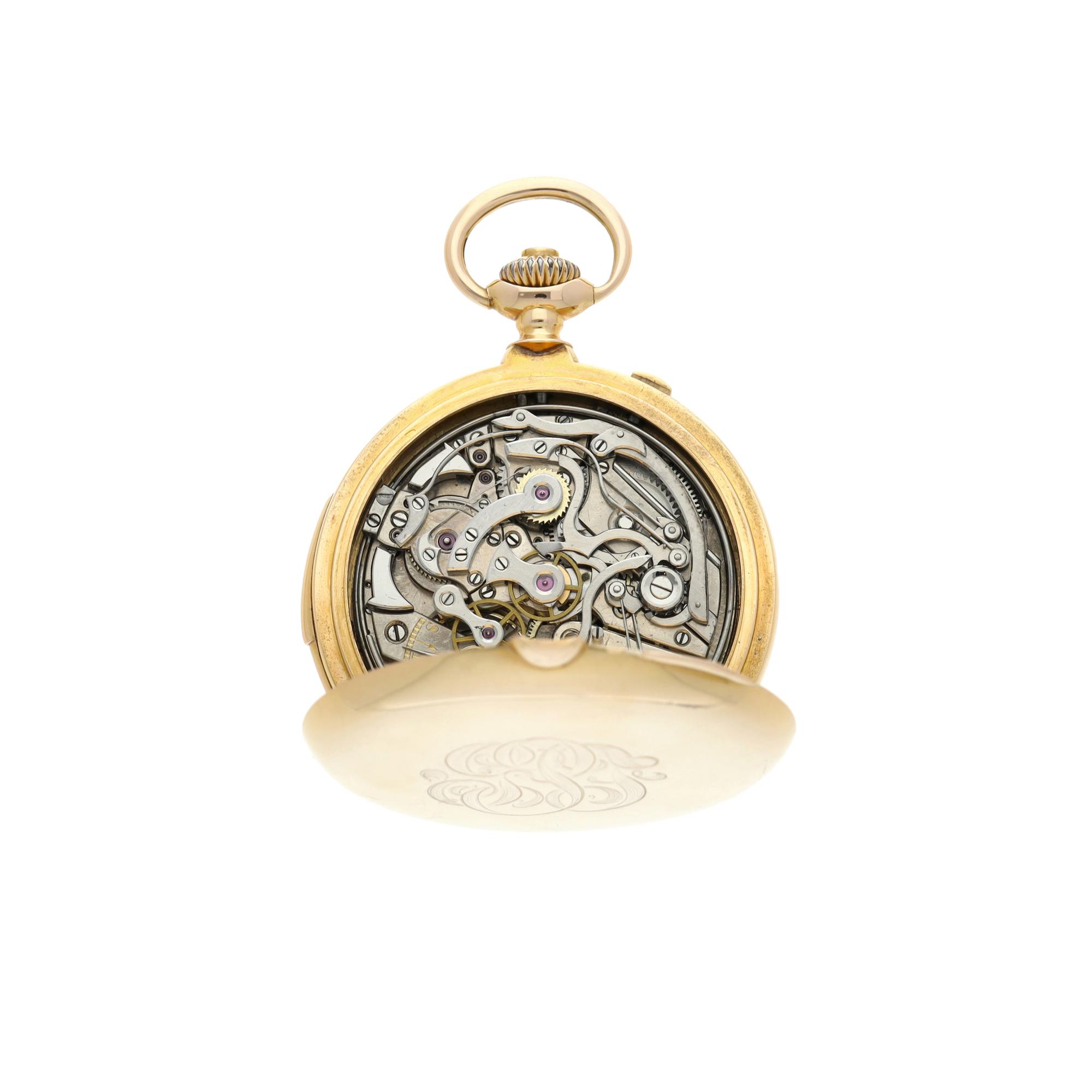 A pink gold minute repeating split seconds chronograph open faced watch ...