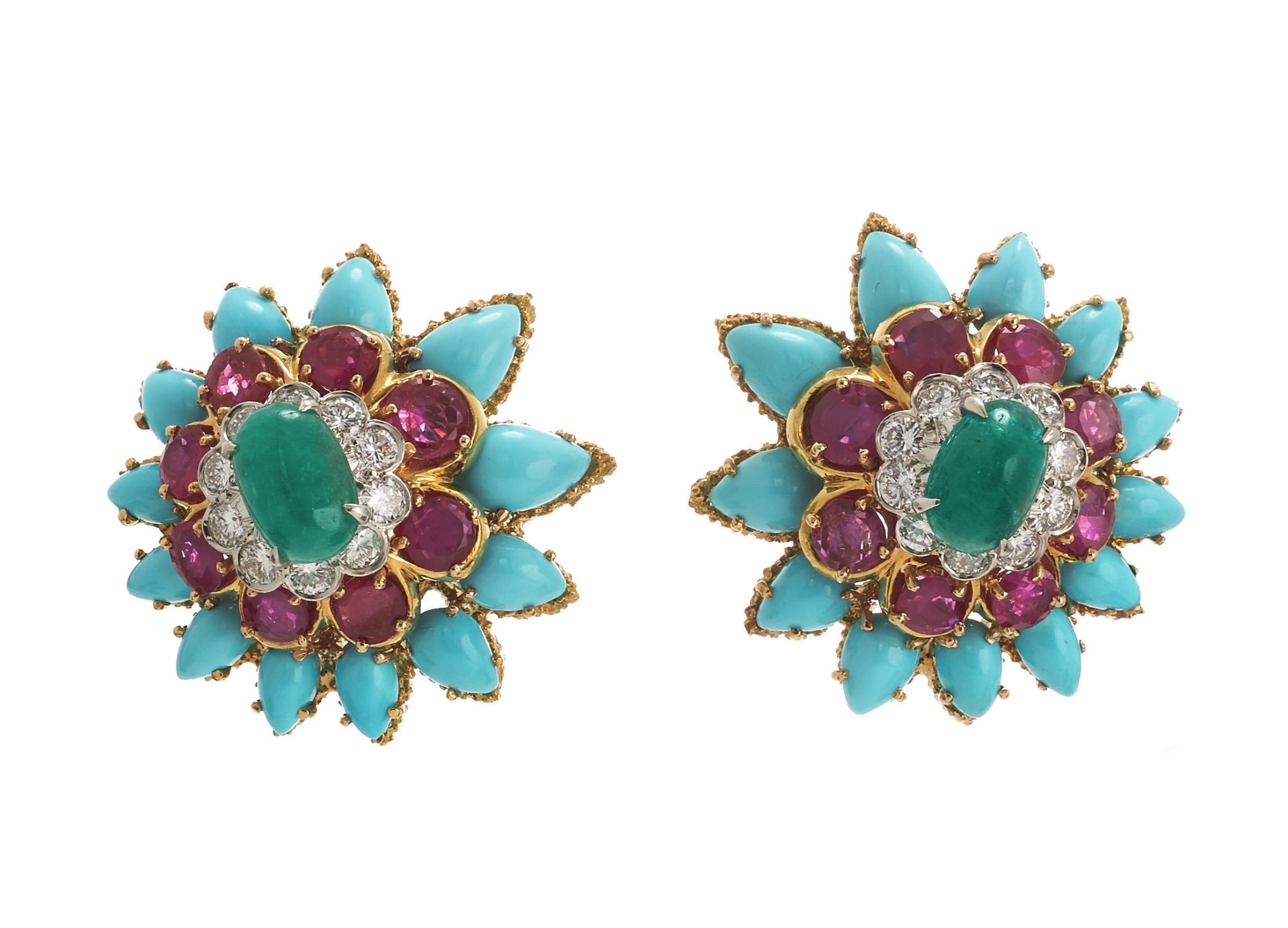 DAVID WEBB | PAIR OF TURQUOISE, EMERALD, RUBY AND DIAMOND EARRINGS ...