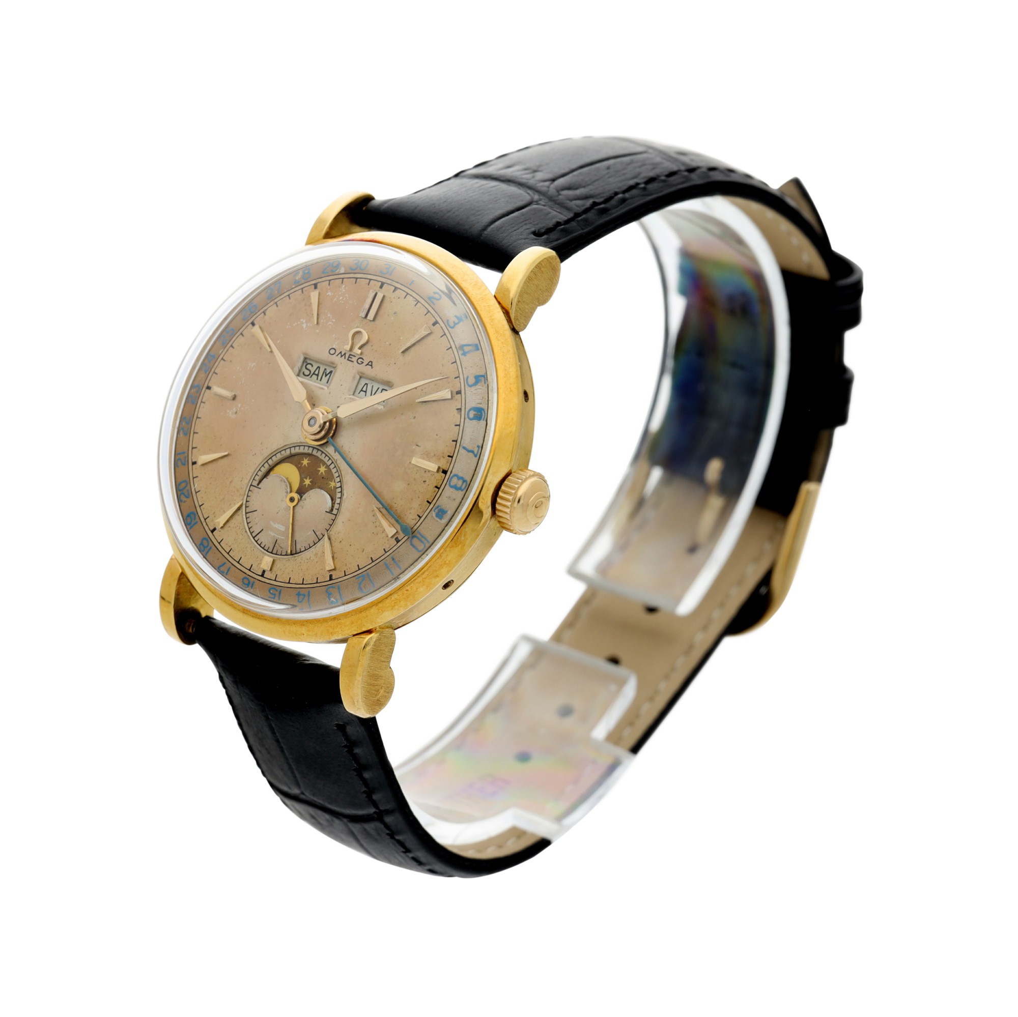 OMEGA | REFERENCE 2485 A YELLOW GOLD TRIPLE CALENDAR WRISTWATCH WITH ...
