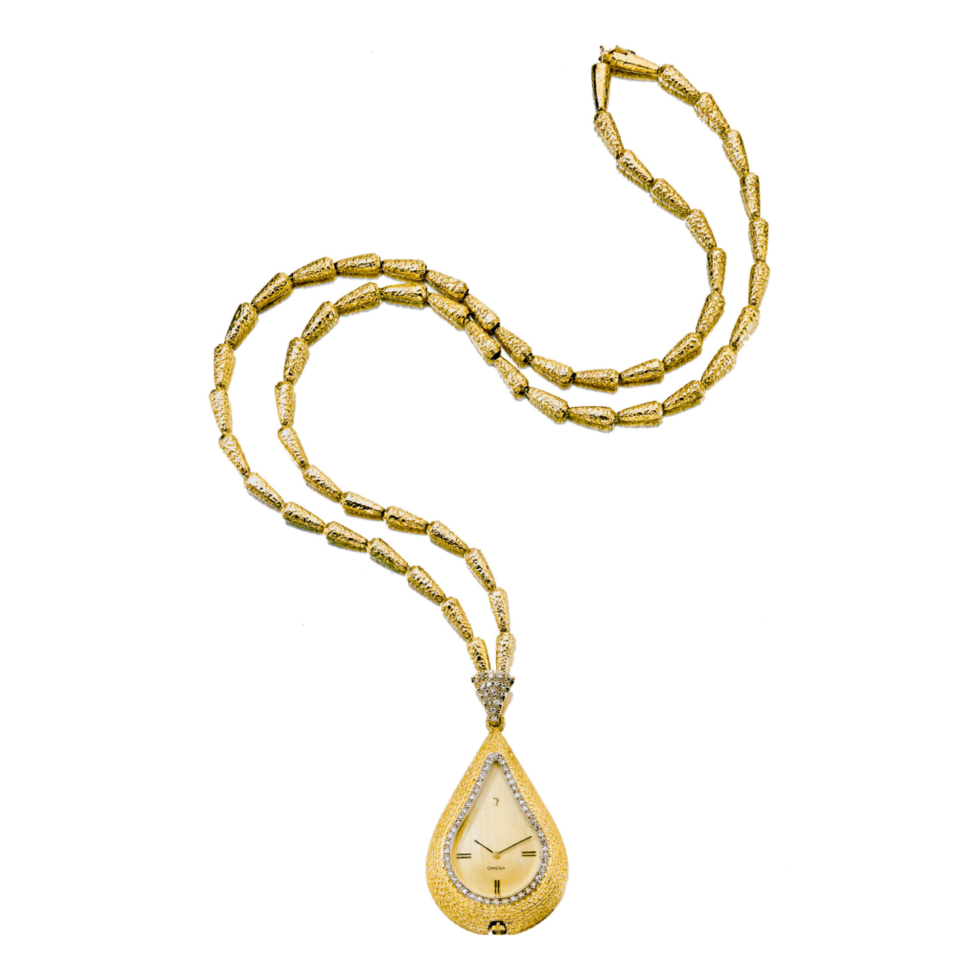 OMEGA | A YELLOW GOLD AND DIAMOND-SET PEAR SHAPED PENDANT WATCH WITH ...