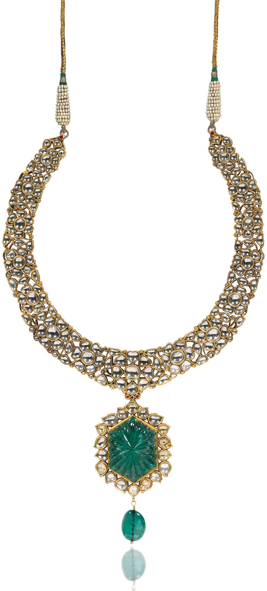 A DIAMOND AND CARVED EMERALD-SET ENAMELLED NECKLACE, INDIA, 19TH/20TH ...