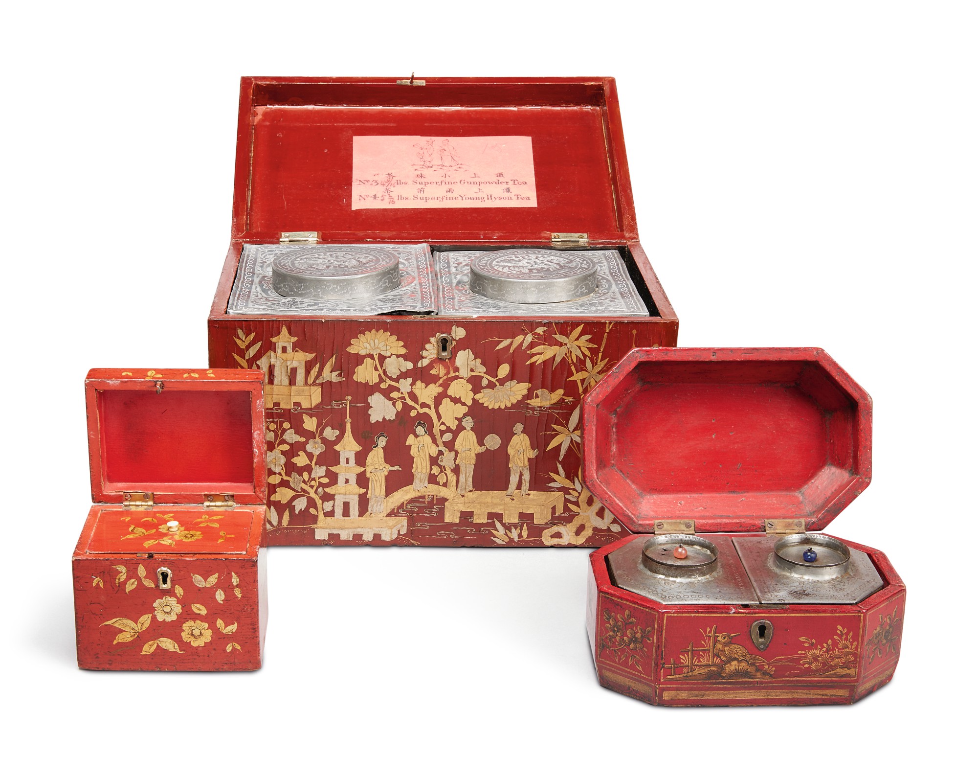 A CHINESE EXPORT RED LACQUER TEA CADDY, ALONG WITH TWO ENGLISH RED ...