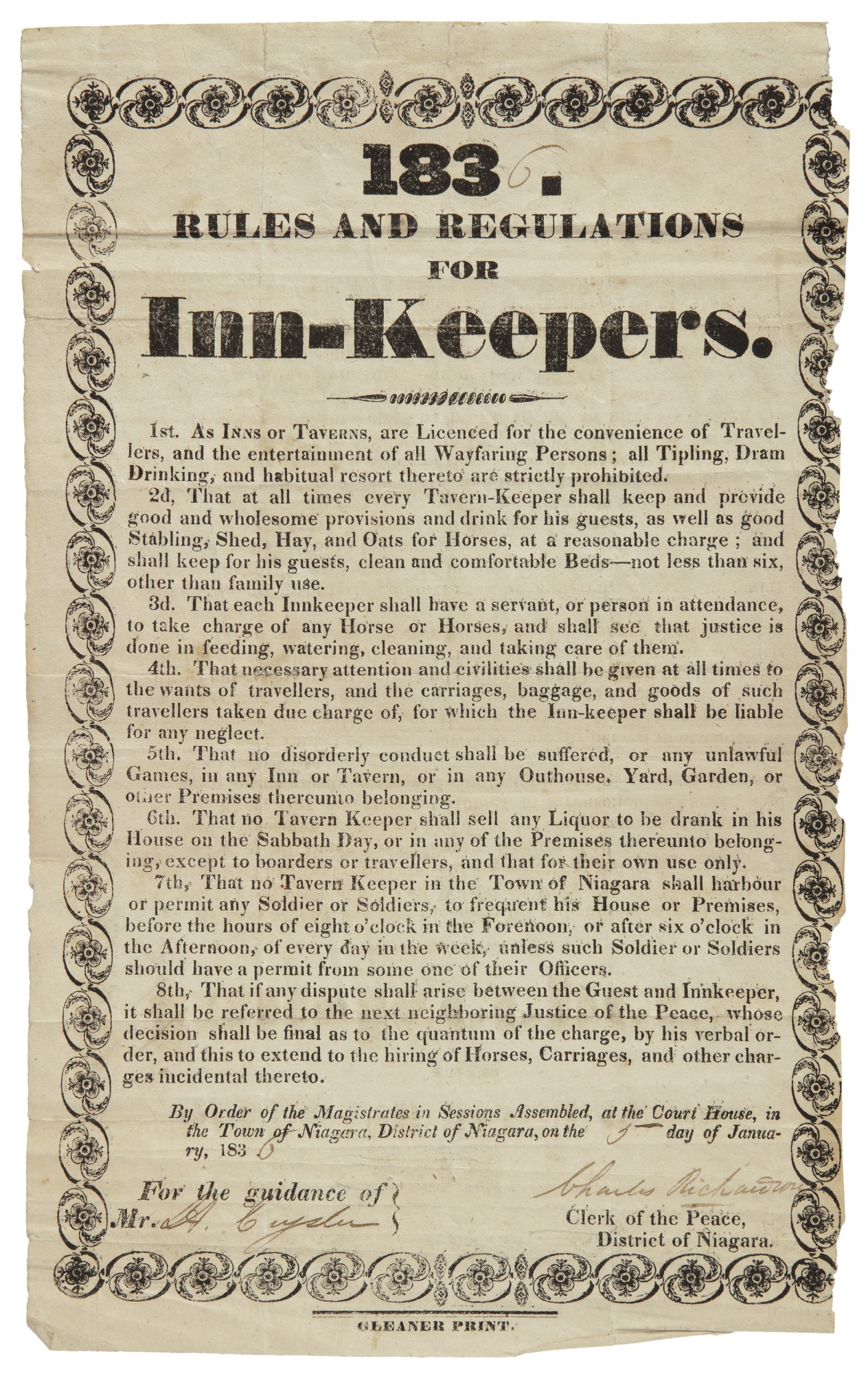 [Niagra Falls]. Rules and Regulations for Inn-Keepers. 1836 | Fine ...