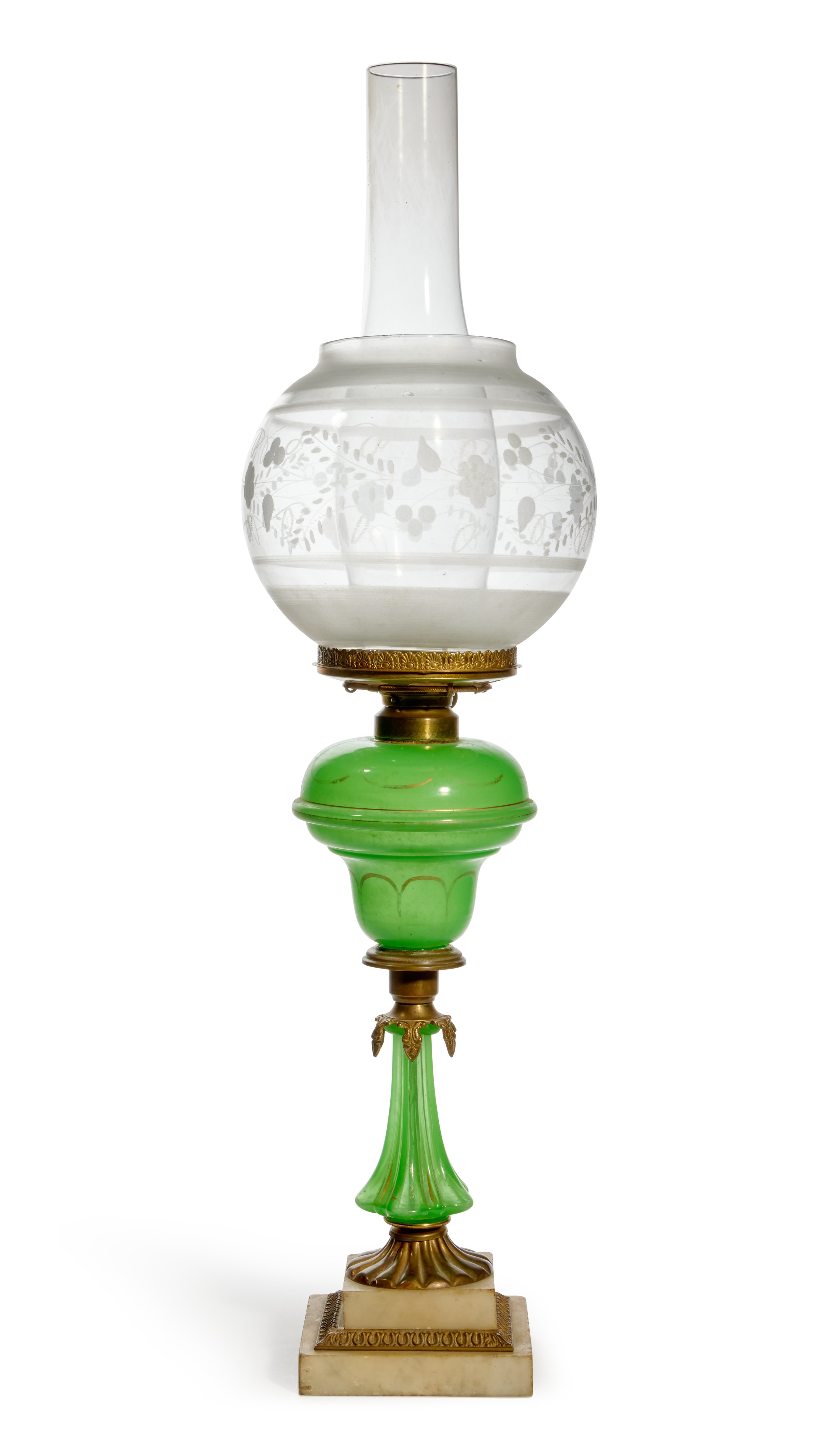 A Gilt-Decorated Green Opaline Fluid Lamp, Manhattan Brass Company ...