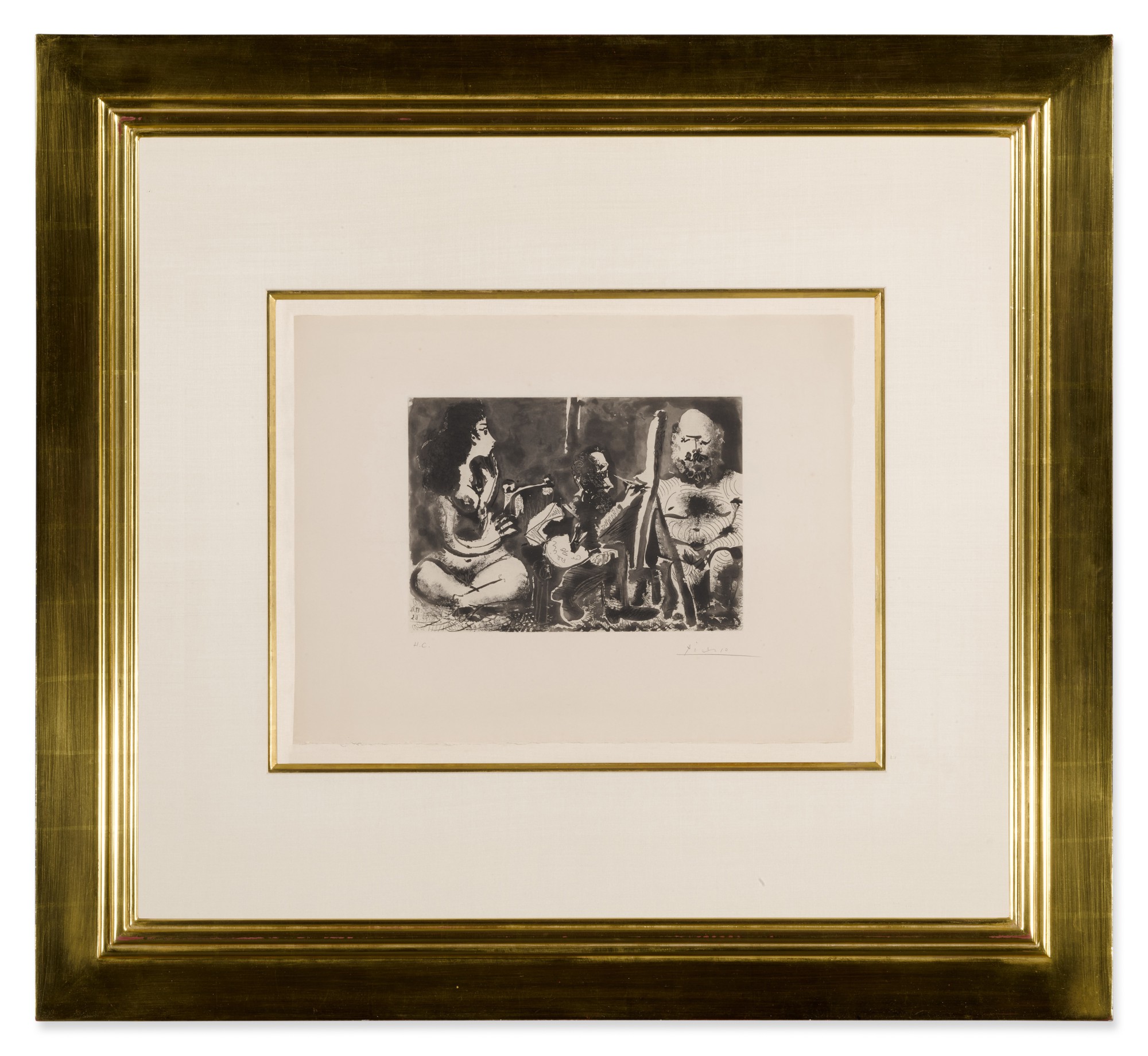 Peintre au travail avec modèle barbu et une spectatrice assise en ...