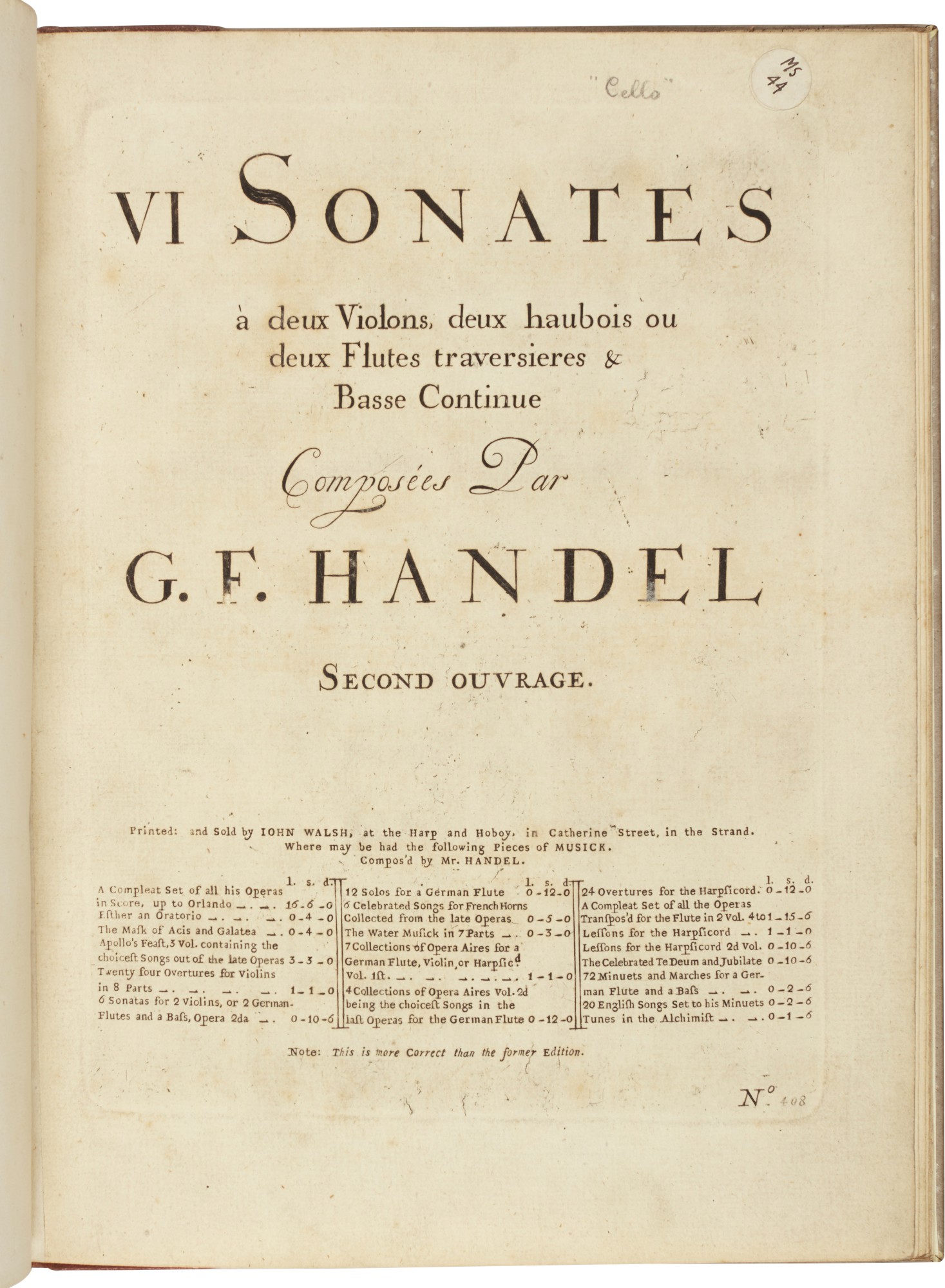 G.F. Handel. Early edition of the Op.2 sonatas, c.1732-1733 | Early ...