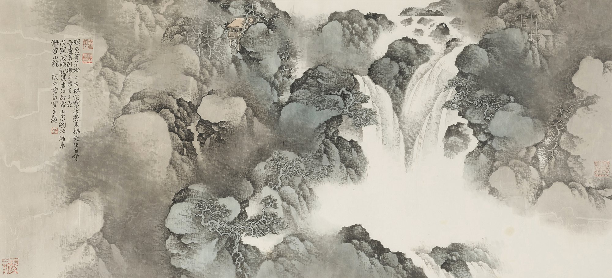 Li Xubai b.1940, Waterfall in the mountains, ink and color on paper, framed | 李虛白 1940年生 臥聽山泉 ...