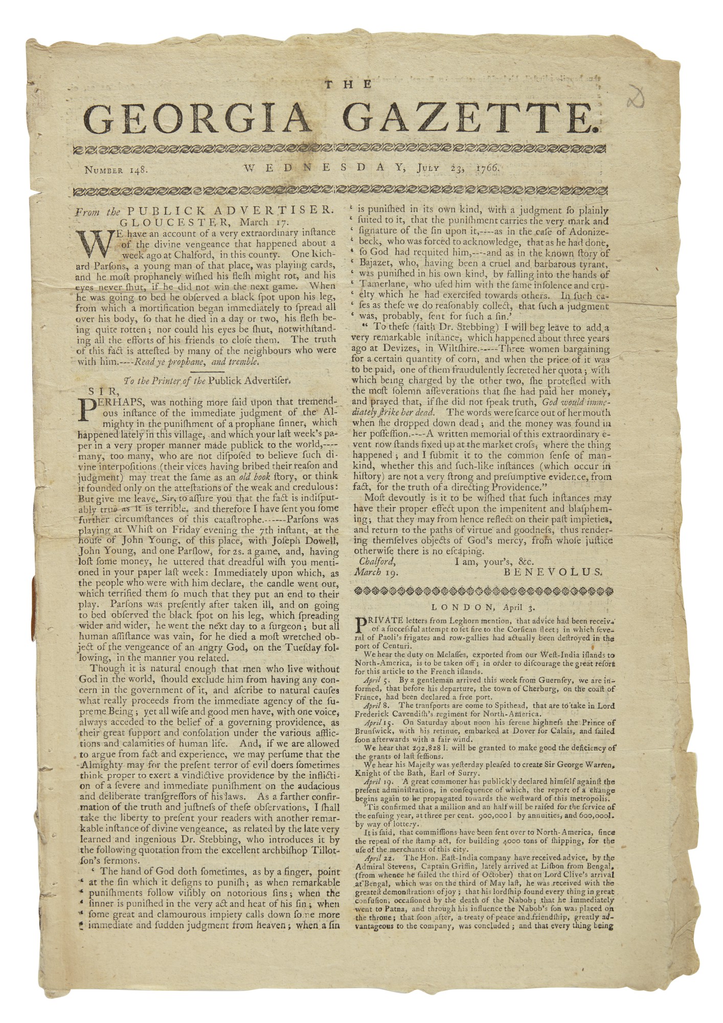 GEORGIA'S FIRST NEWSPAPER | The Georgia Gazette, No. 148. Savannah ...