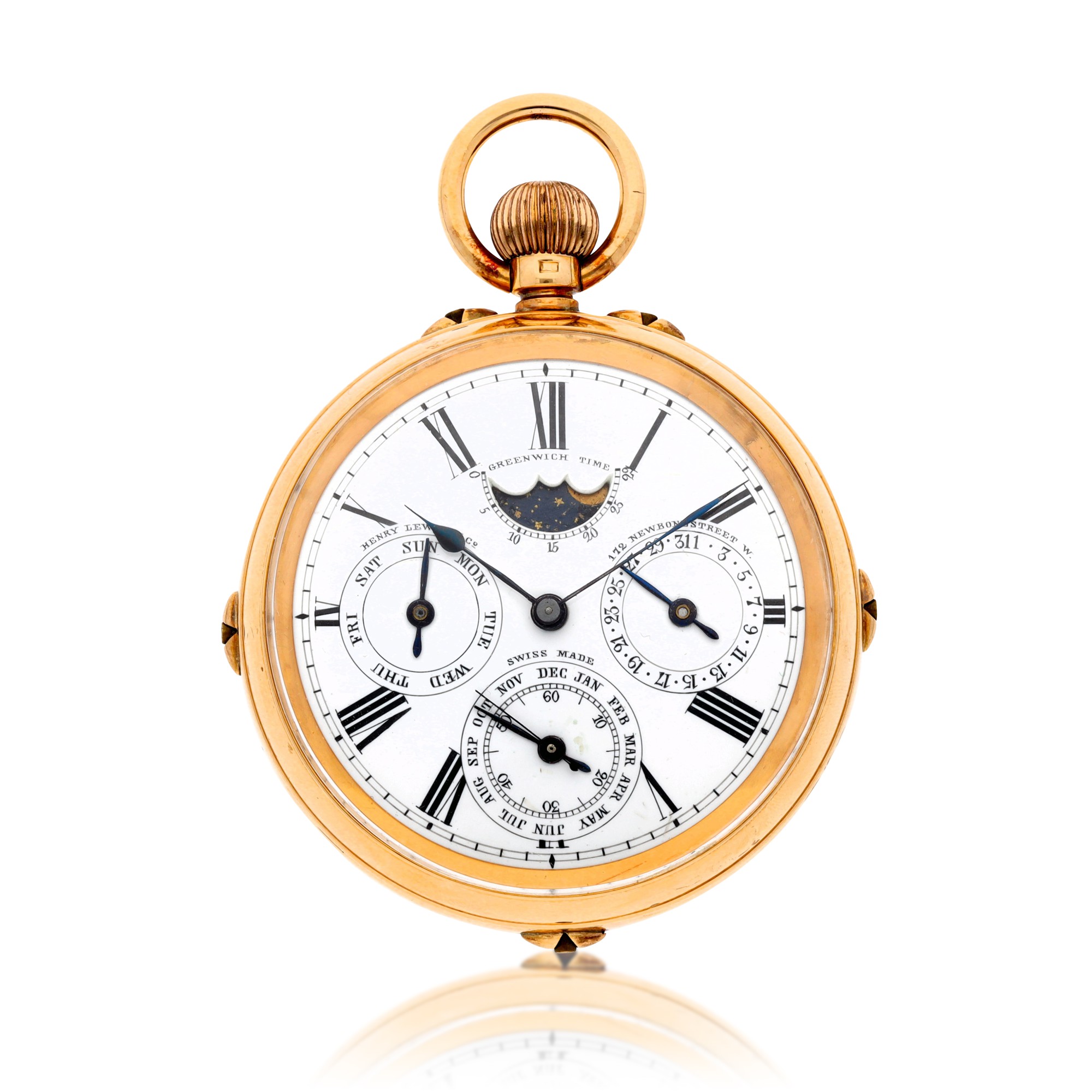 A gold double open-faced triple calendar watch with moon phases and ...