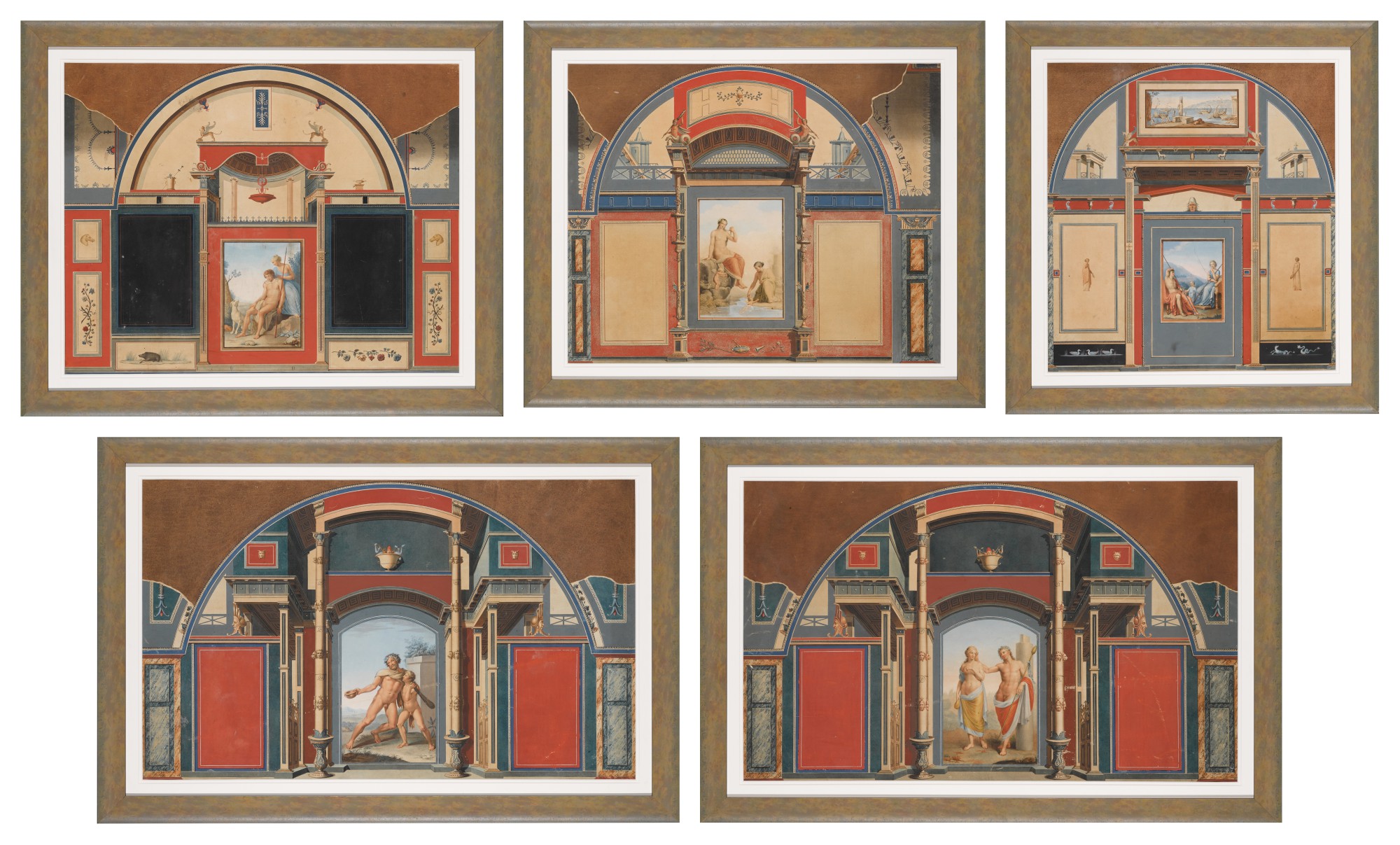 A SET OF FIVE HAND-COLOURED ENGRAVINGS DEPICTING THE ROMAN FRESCOES OF ...