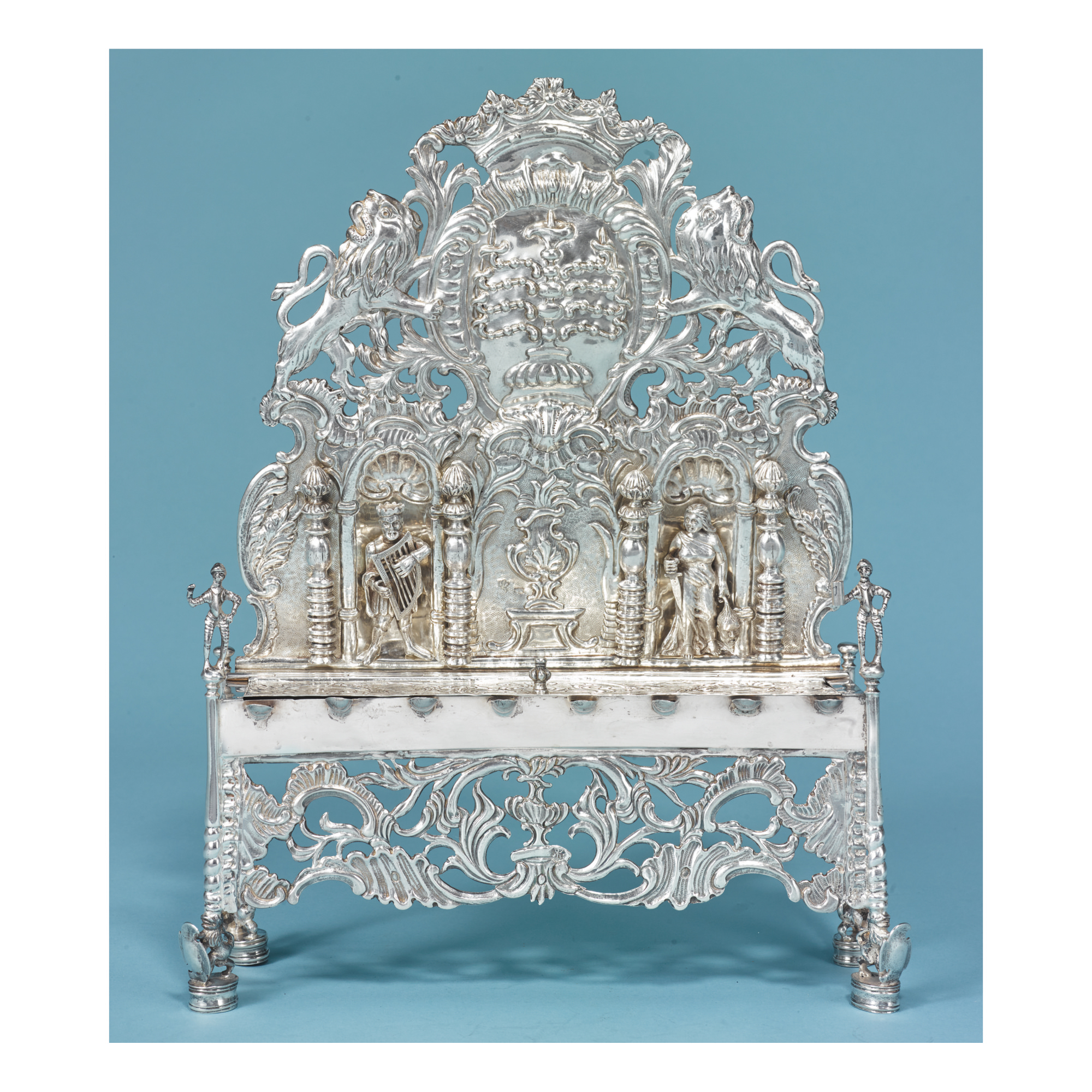 A LARGE GERMAN SILVER FIGURAL HANUKAH LAMP, MAKER'S MARK FR, FRANKFURT ...