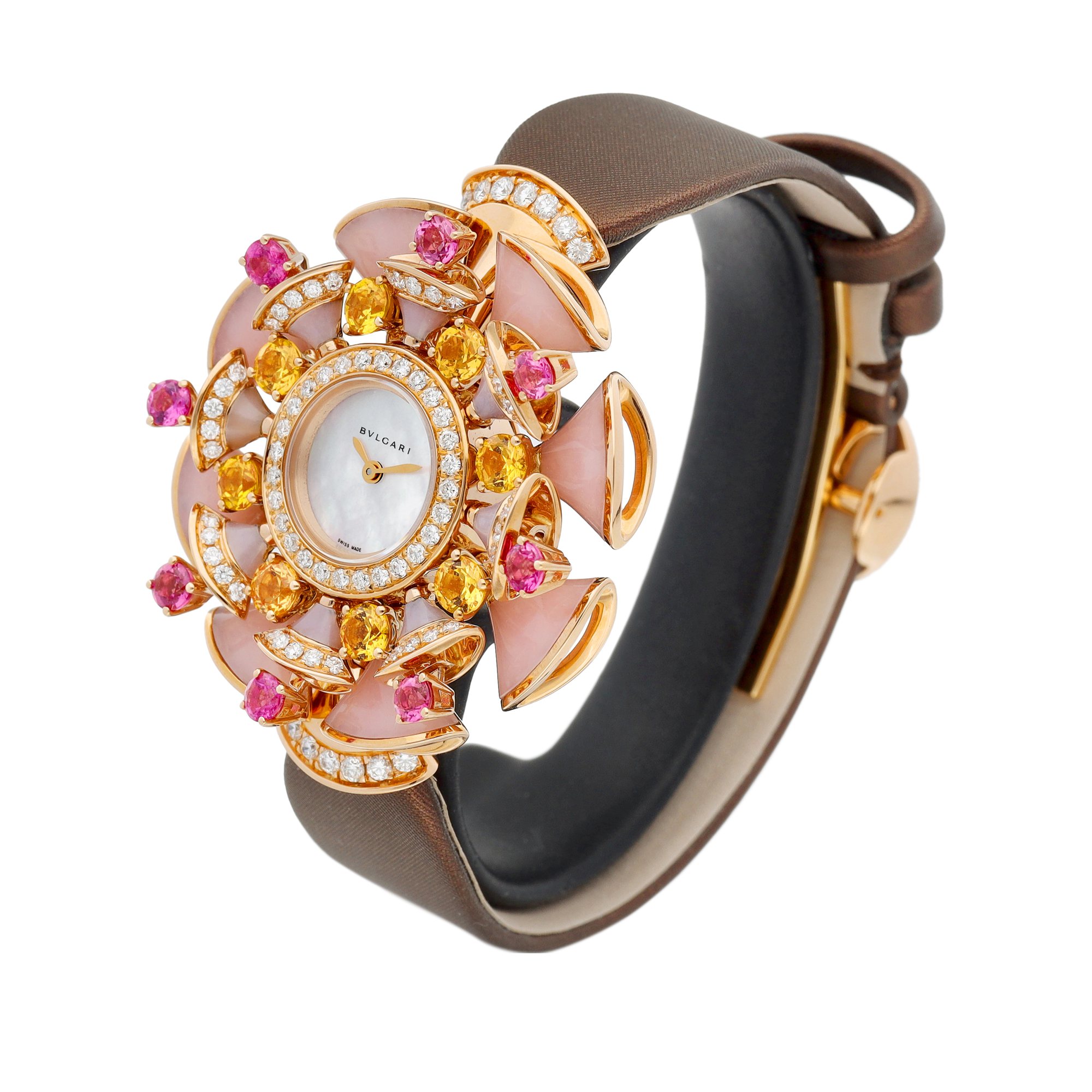 Divas, Reference 102420 | A pink gold, diamond, sapphire and opal-set wristwatch with mother-of ...
