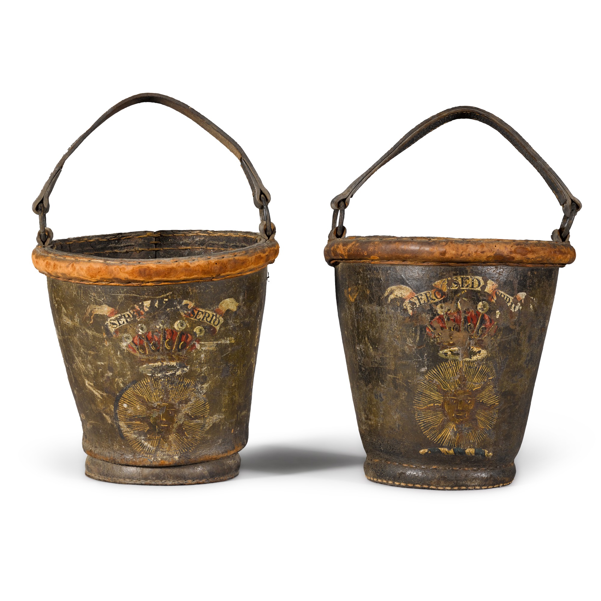 Two rare Scottish George III polychrome decorated leather fire buckets ...