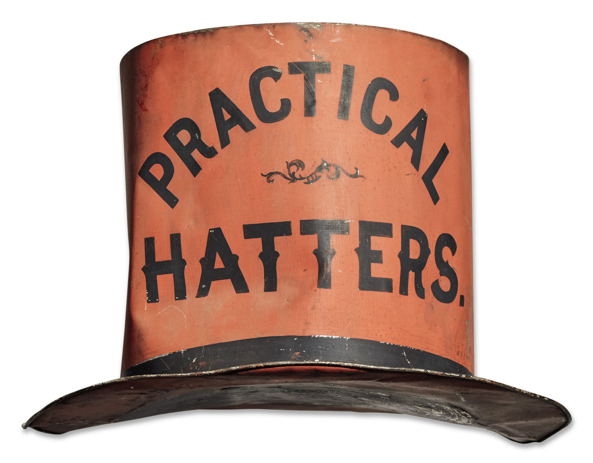 ORANGE AND BLACK PAINTED TIN MILLINER'S TRADE SIGN, LATE 19TH CENTURY ...