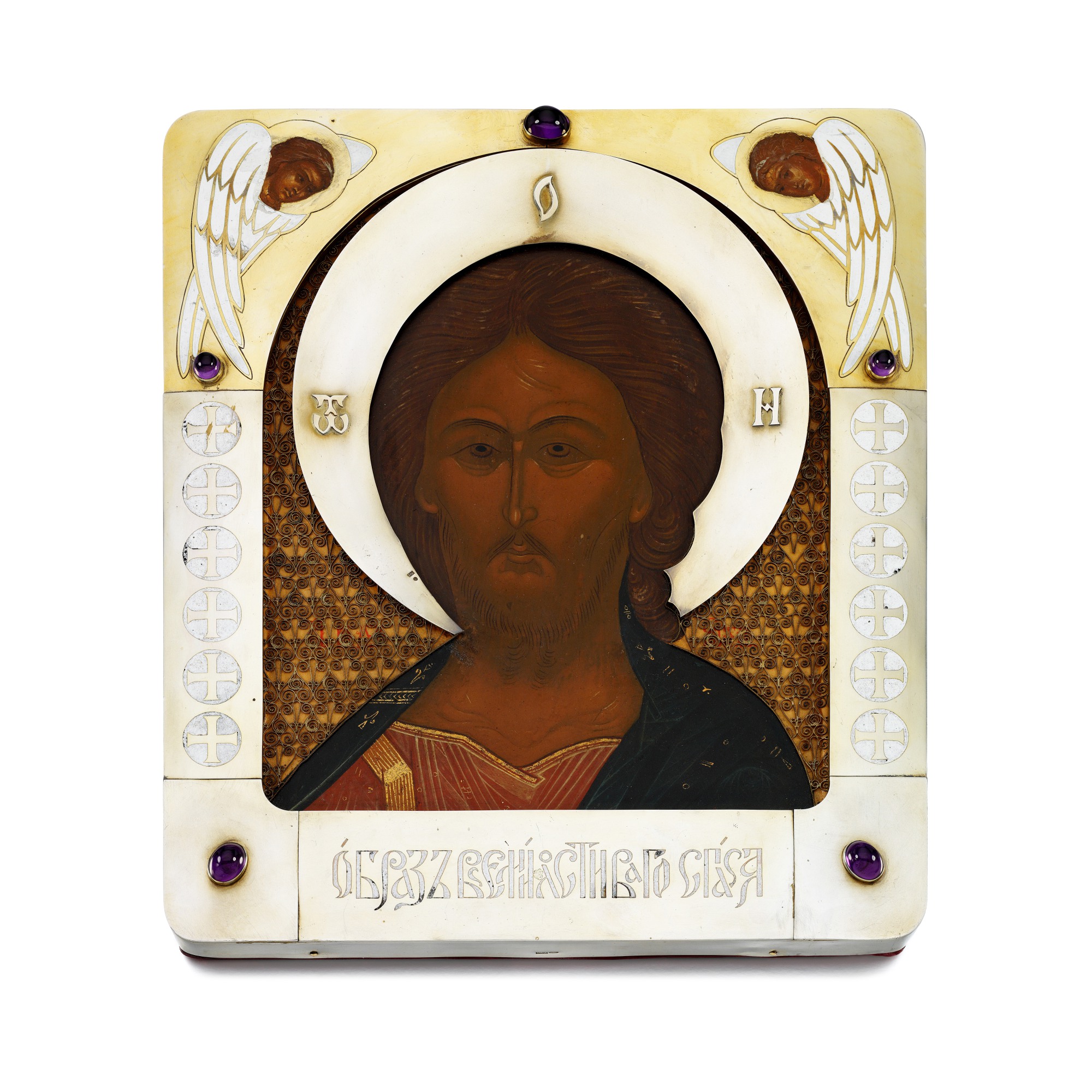 A gem-set silver-gilt and champlevé enamel icon of Christ, 1st Moscow ...