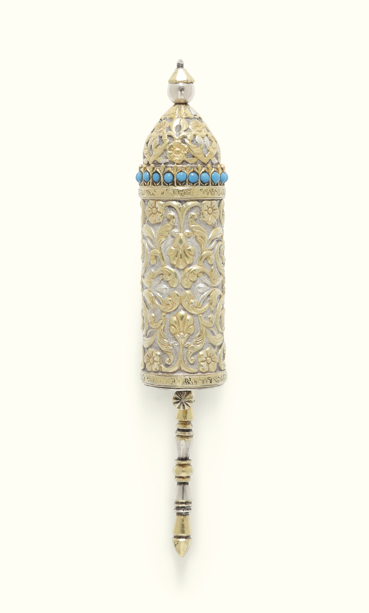 A PARCEL-GILT SILVER MINIATURE ESTHER SCROLL CASE, THE SILVER SIGNED ...
