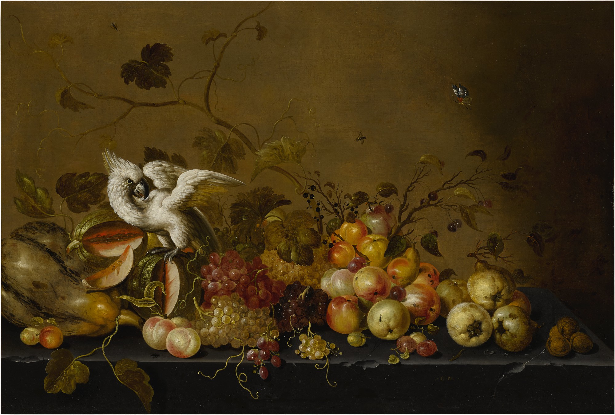 Still life with fruits on a ledge and a white cockatoo | Master ...
