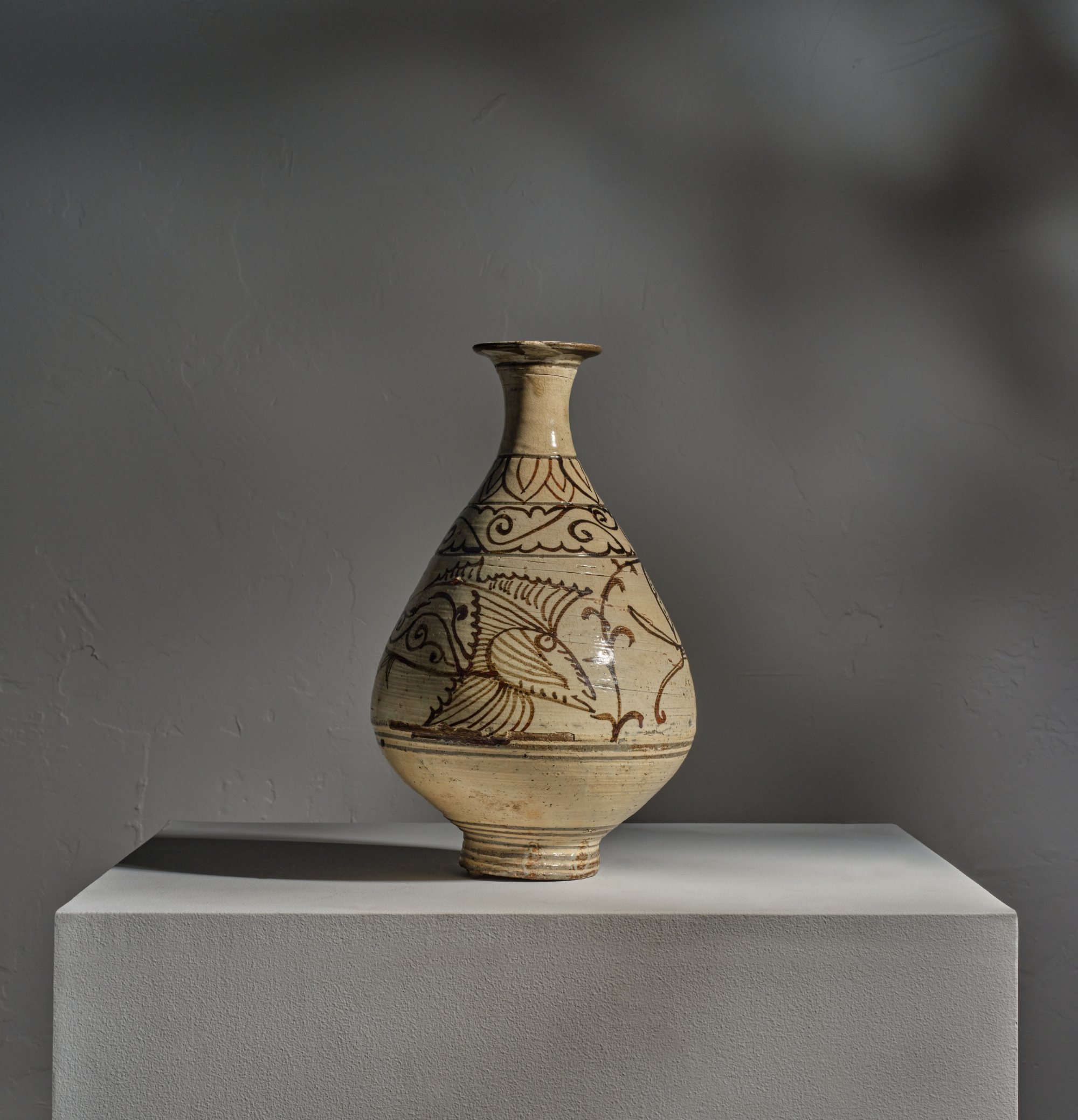 A painted Buncheong 'fish' pear-shaped vase, Joseon dynasty, 15th ...