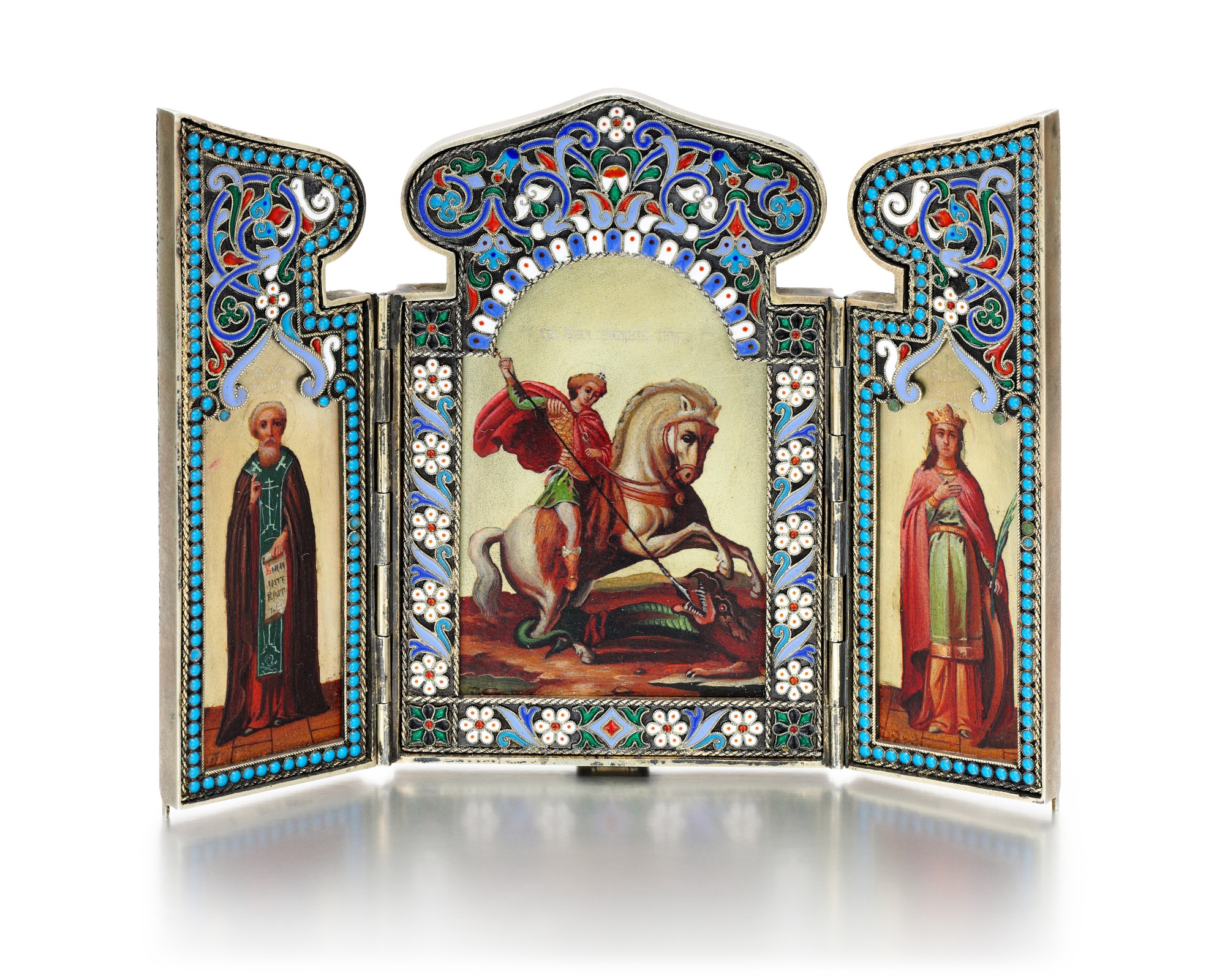 A SILVER-GILT AND CLOISONNÉ ENAMEL TRIPTYCH ICON, PAVEL OVCHINNIKOV, MOSCOW, 1893 | Russian ...