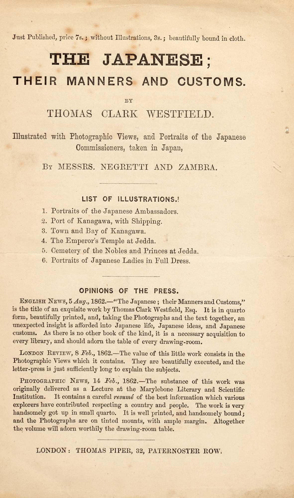 Thomas Clark Westfield, The Japanese: Their Manners and Customs, 1862 ...