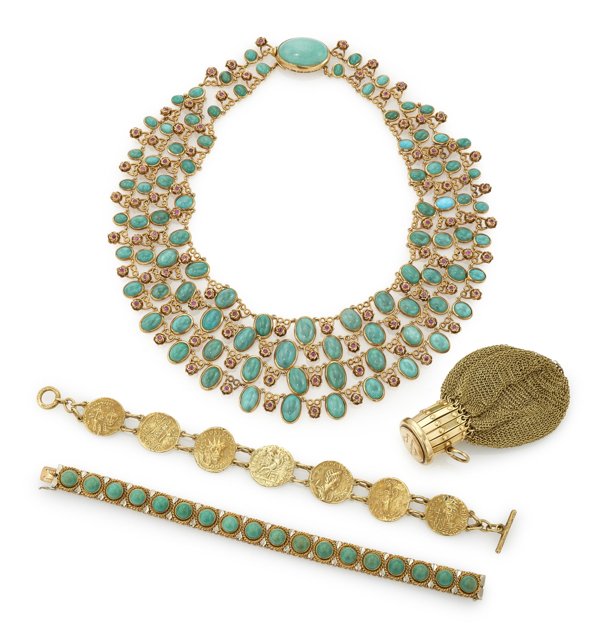TURQUOISE AND RUBY NECKLACE, TURQUOISE BRACELET, COIN BRACELET AND A ...