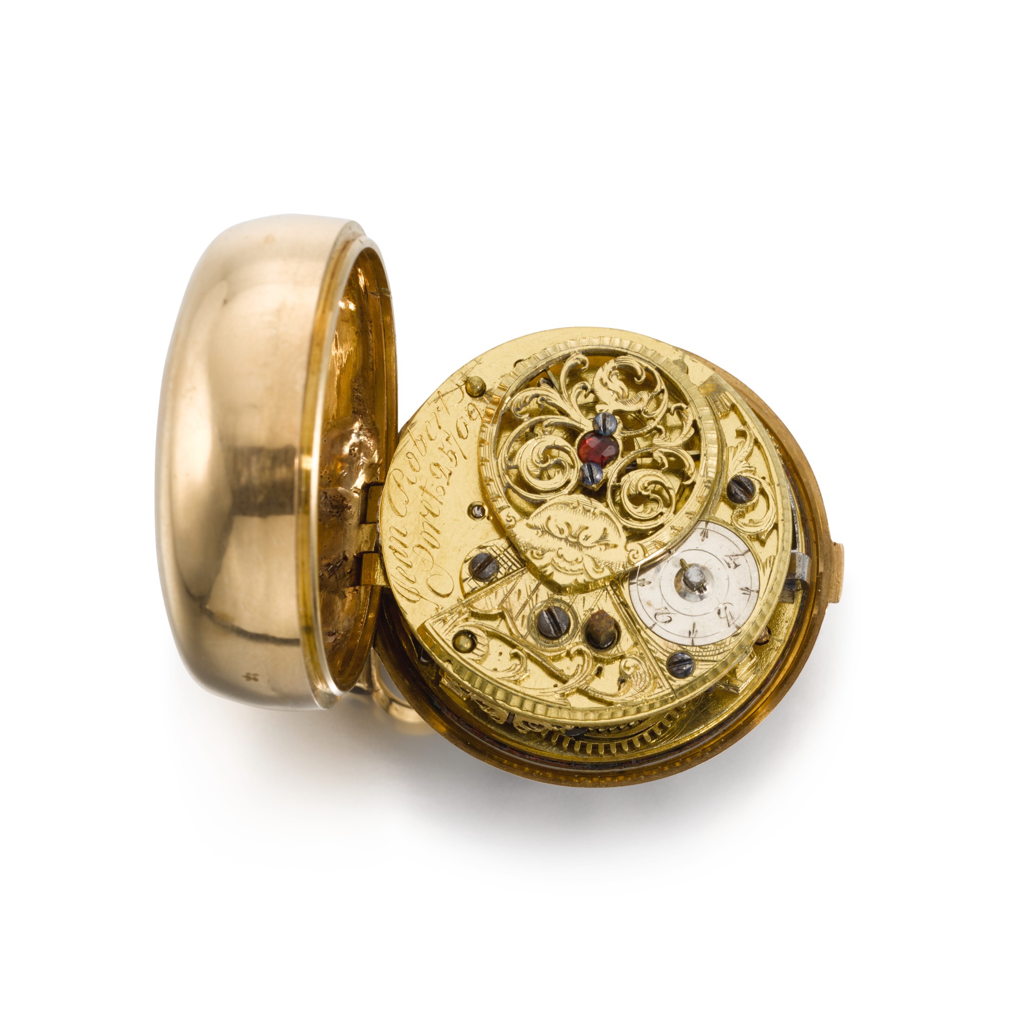 A GOLD AND ENAMEL PAIR CASED VERGE WATCH WITH ASSOCIATED MAHOGANY STAND ...