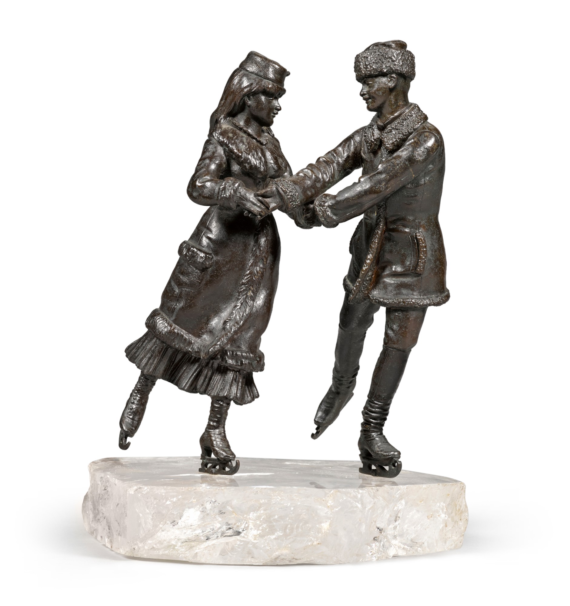 Couple Ice Skating: a bronze and rock crystal figural group, after the model by Vasily Grachev ...
