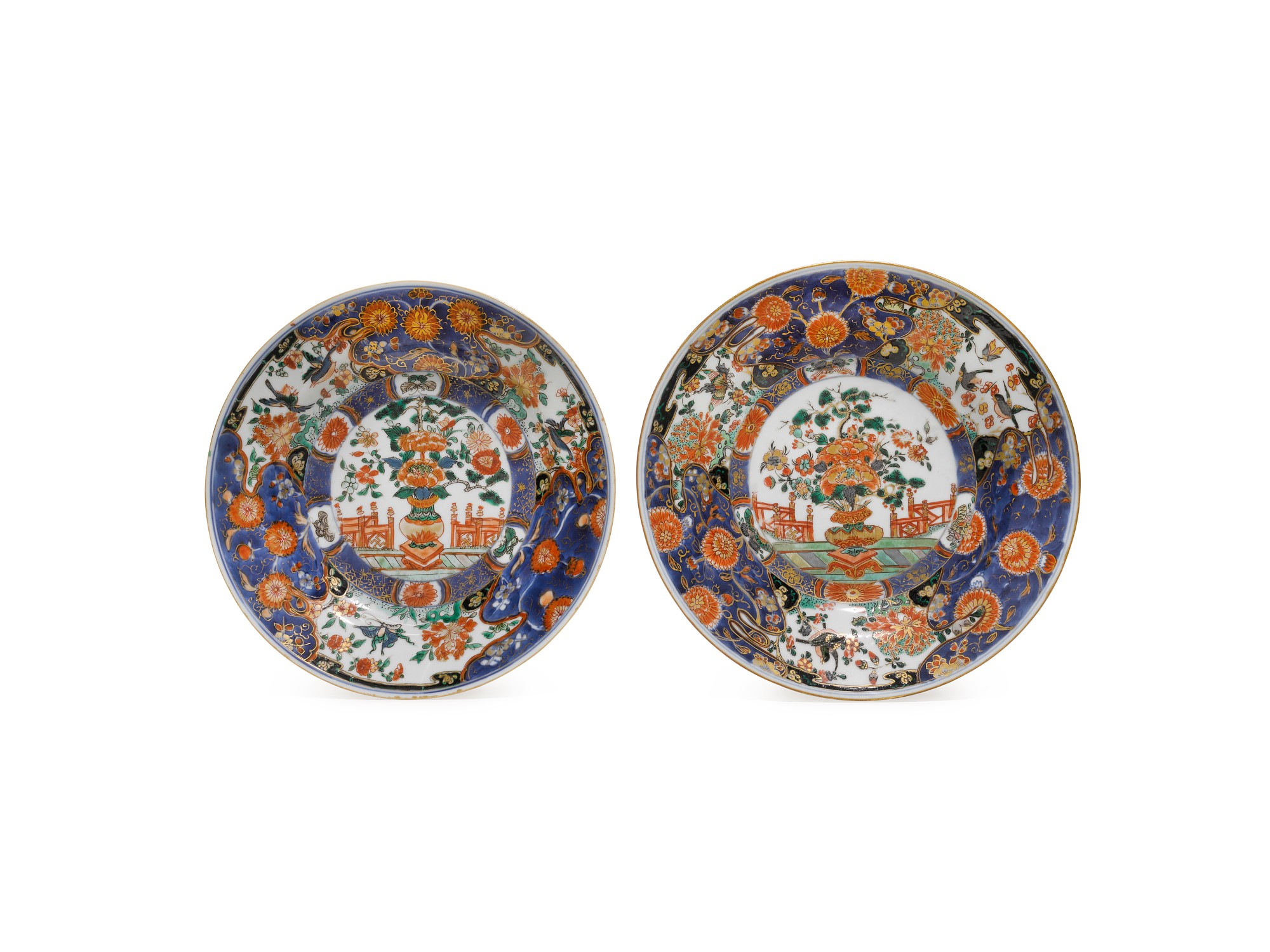A PAIR OF VERTE IMARI 'AUGUSTUS STRONG' PLATES, JOHANNEUM MARKS, QING ...