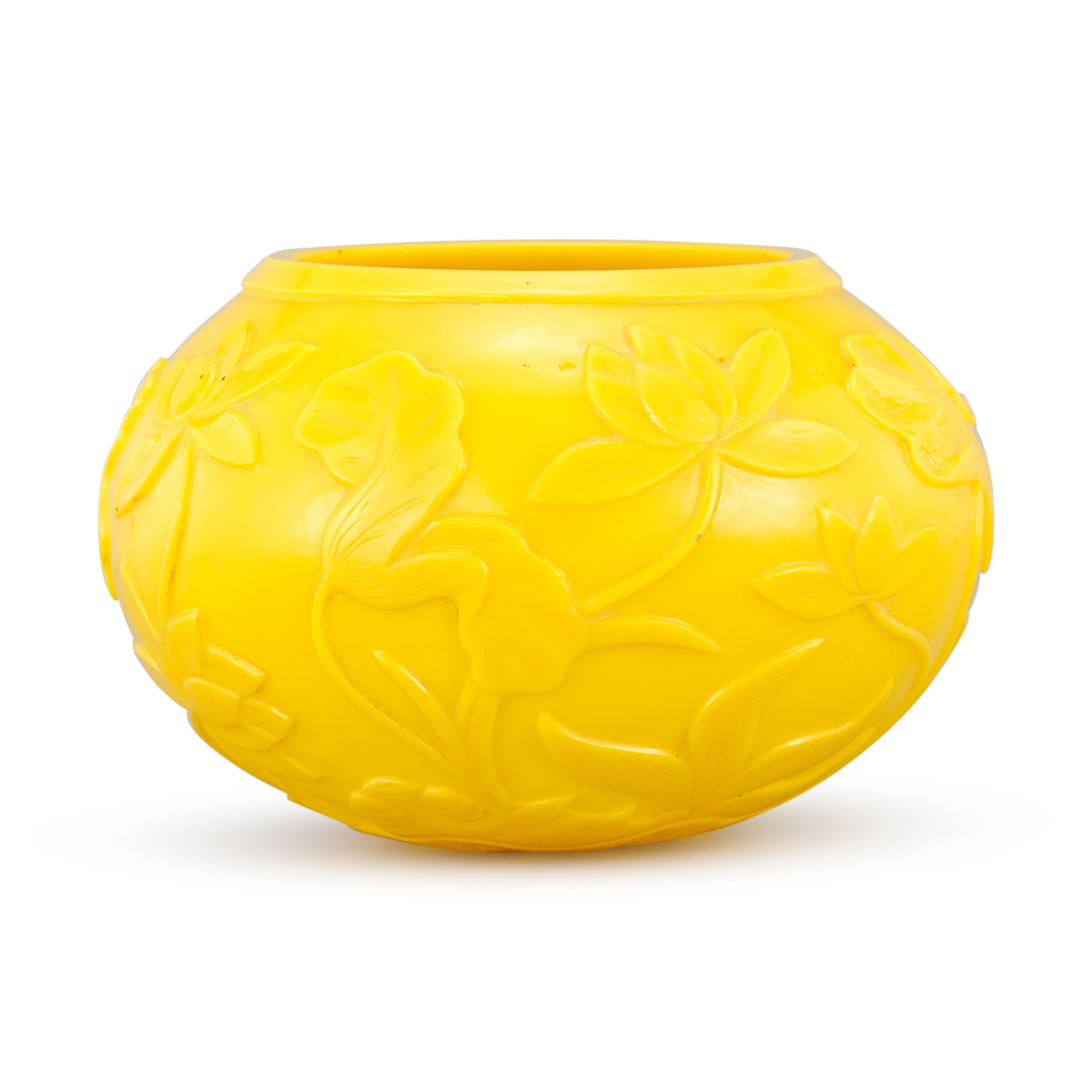 A Peking yellow glass 'lotus and goldfish' alms bowl Qing dynasty ...