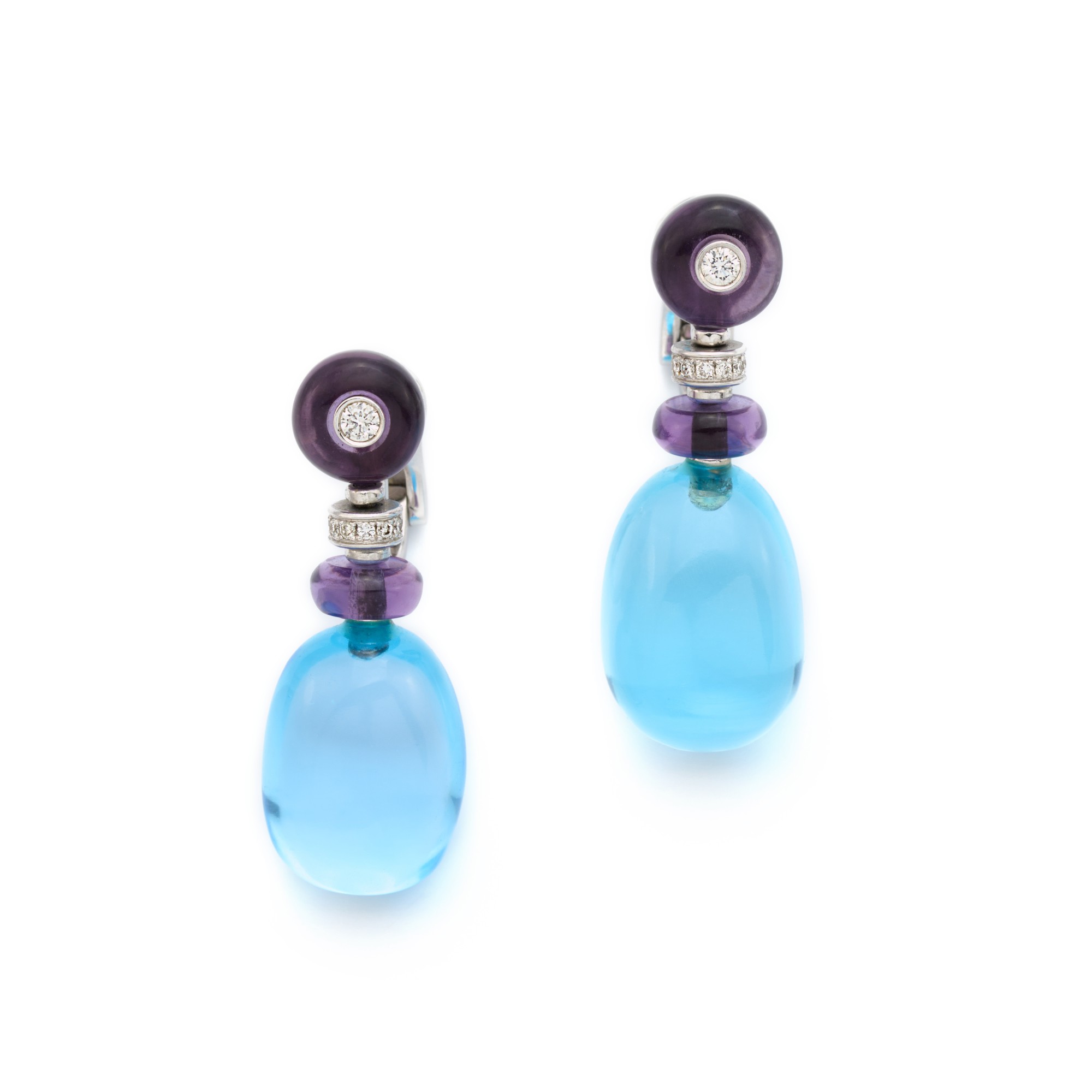 Pair of blue topaz, amethyst and diamond earrings, 'Sassi' | Fine ...