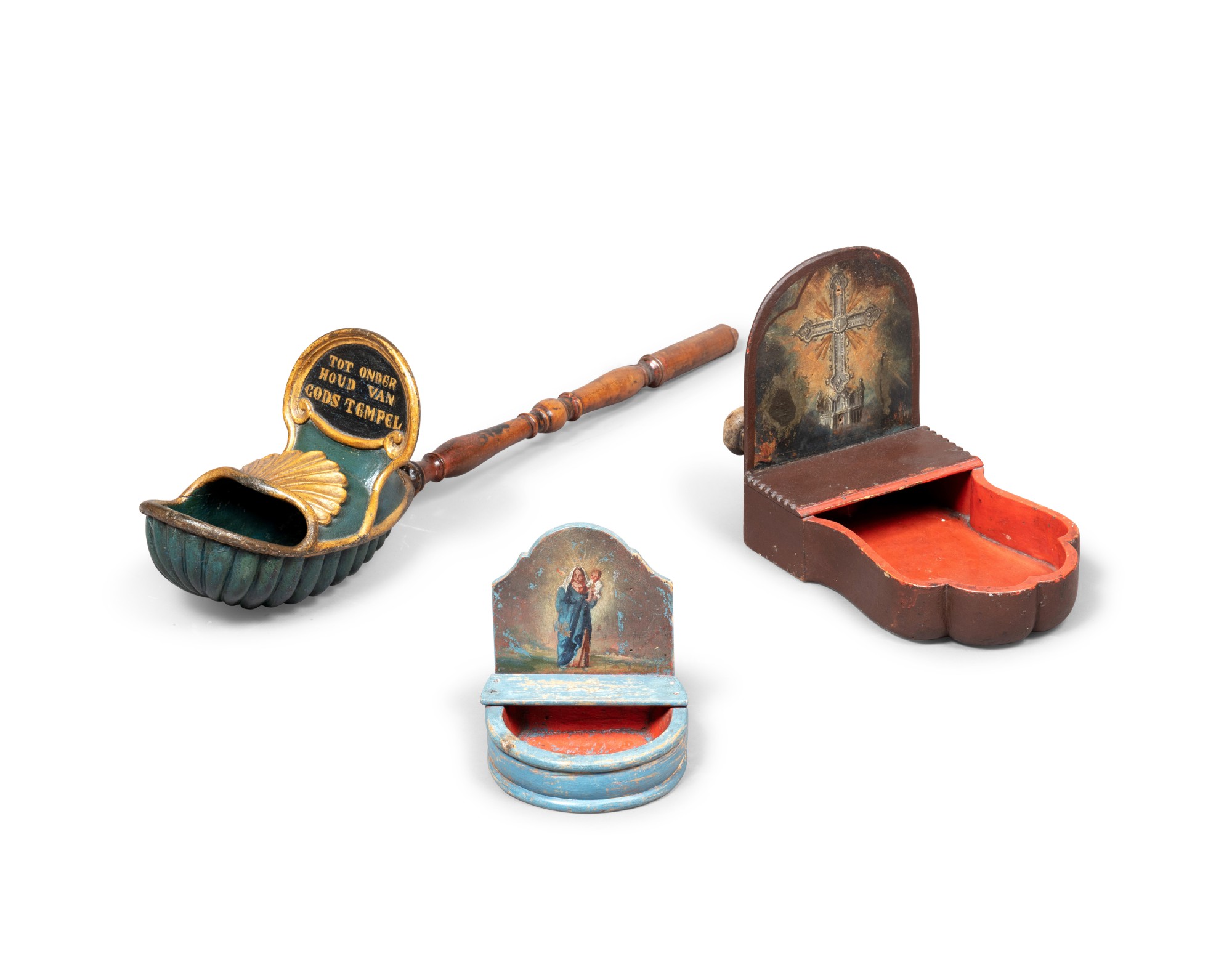 A group of three various painted wood offertory boxes | Lots de trois ...