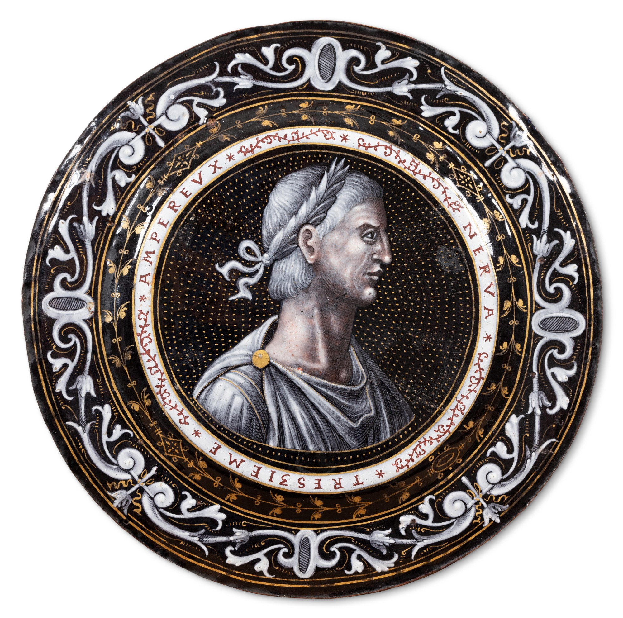 A Limoges grisaille painted enamel plate depicting the Month of August ...