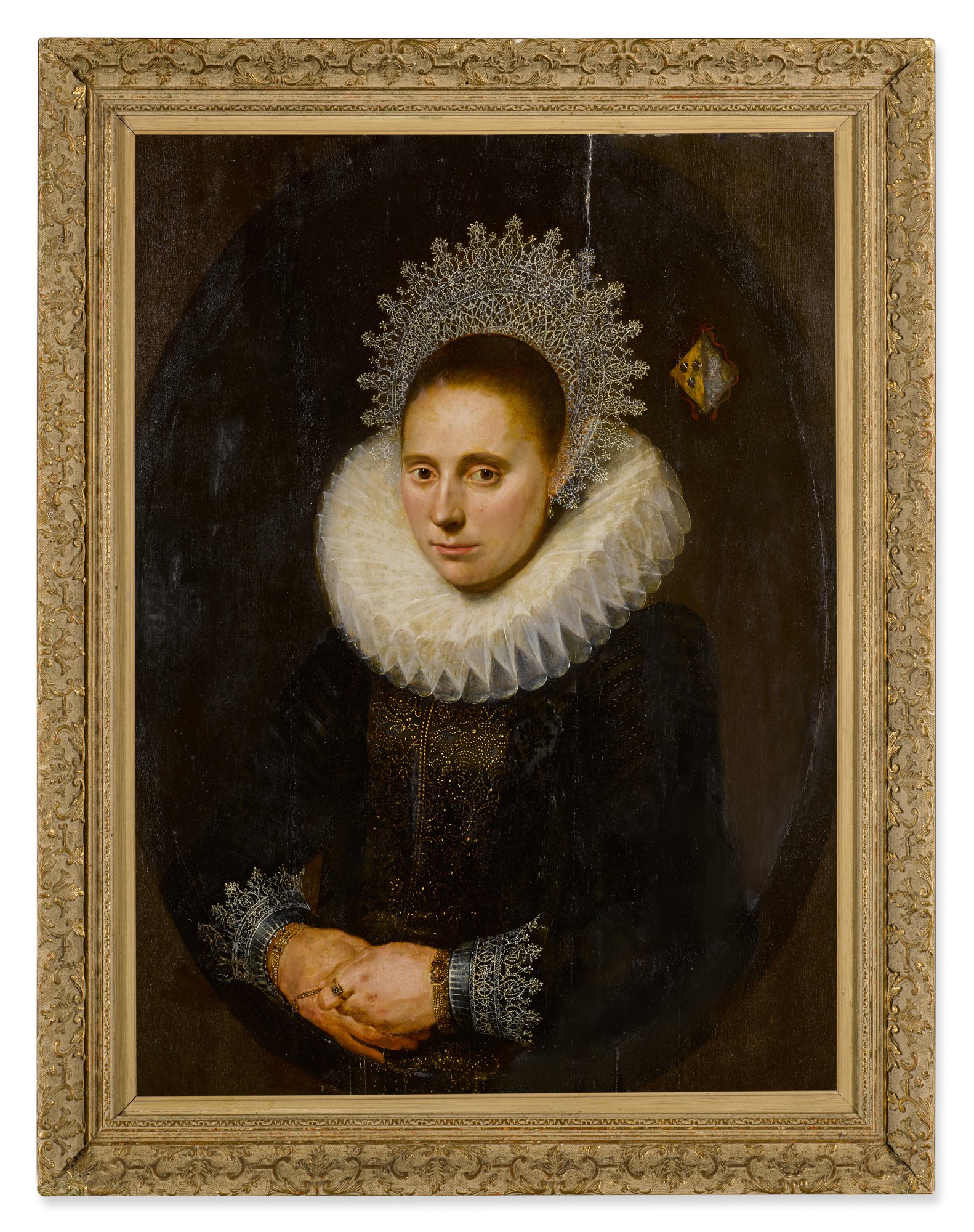 Portrait of a woman wearing a fan-shaped headdress, three-quarter ...